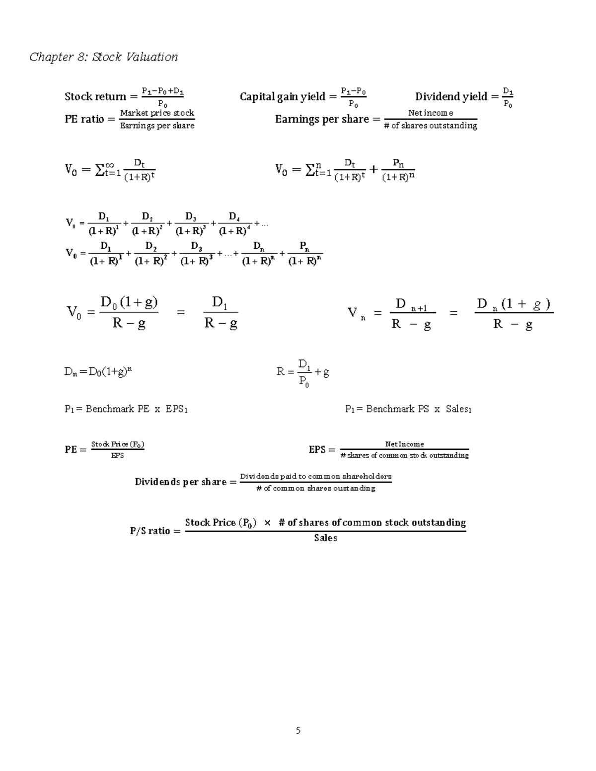 Formulas Chapter 8 - Exam prep - 5 Chapter 8: Stock Valuation Stock ...