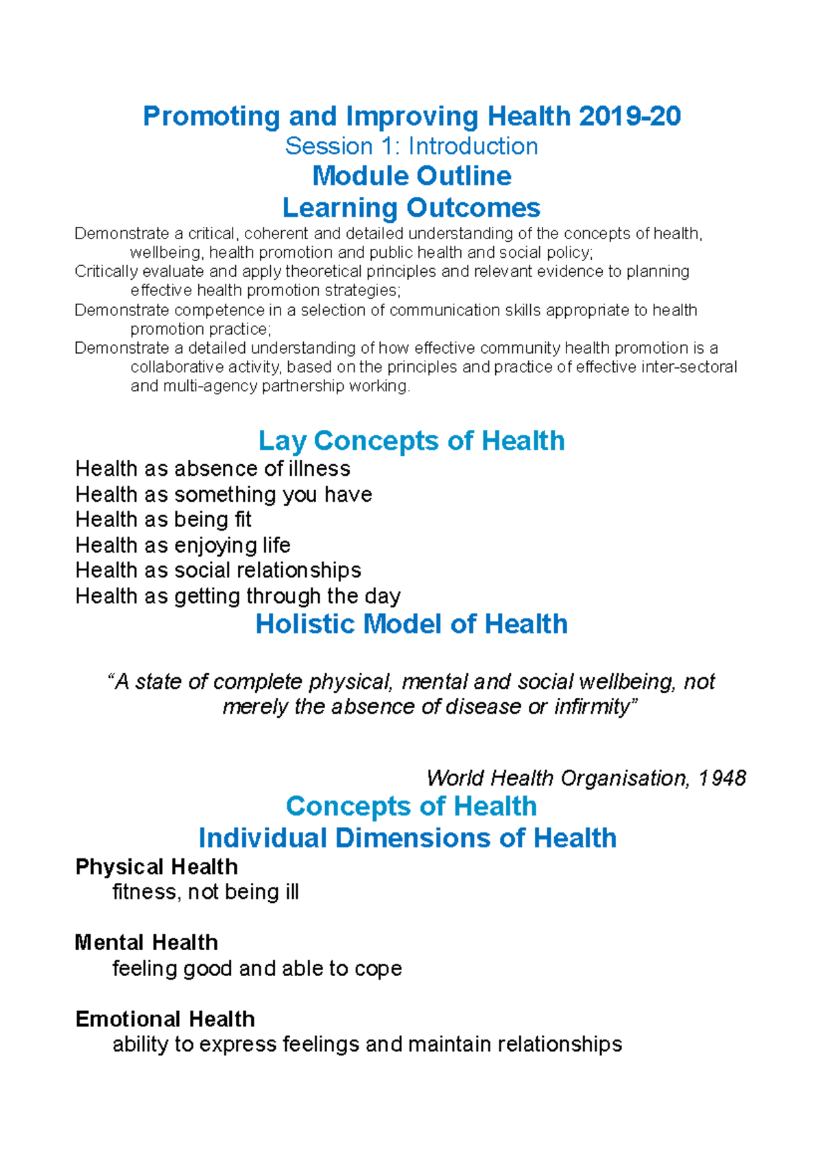 Promoting and Improving Health 1 - Lay Concepts of Health Health as ...