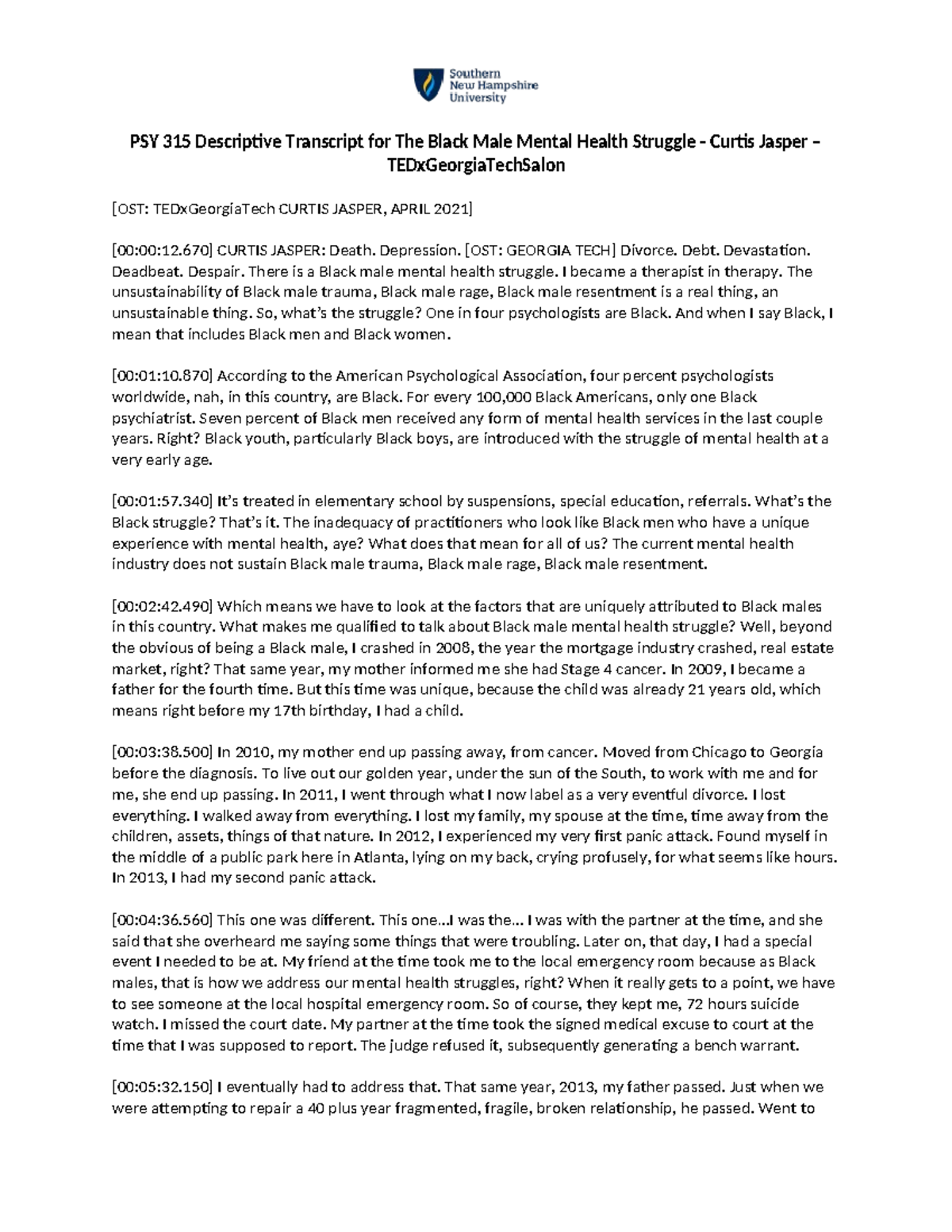 PSY 315 Descriptive Transcript for The Black Male Mental Health ...