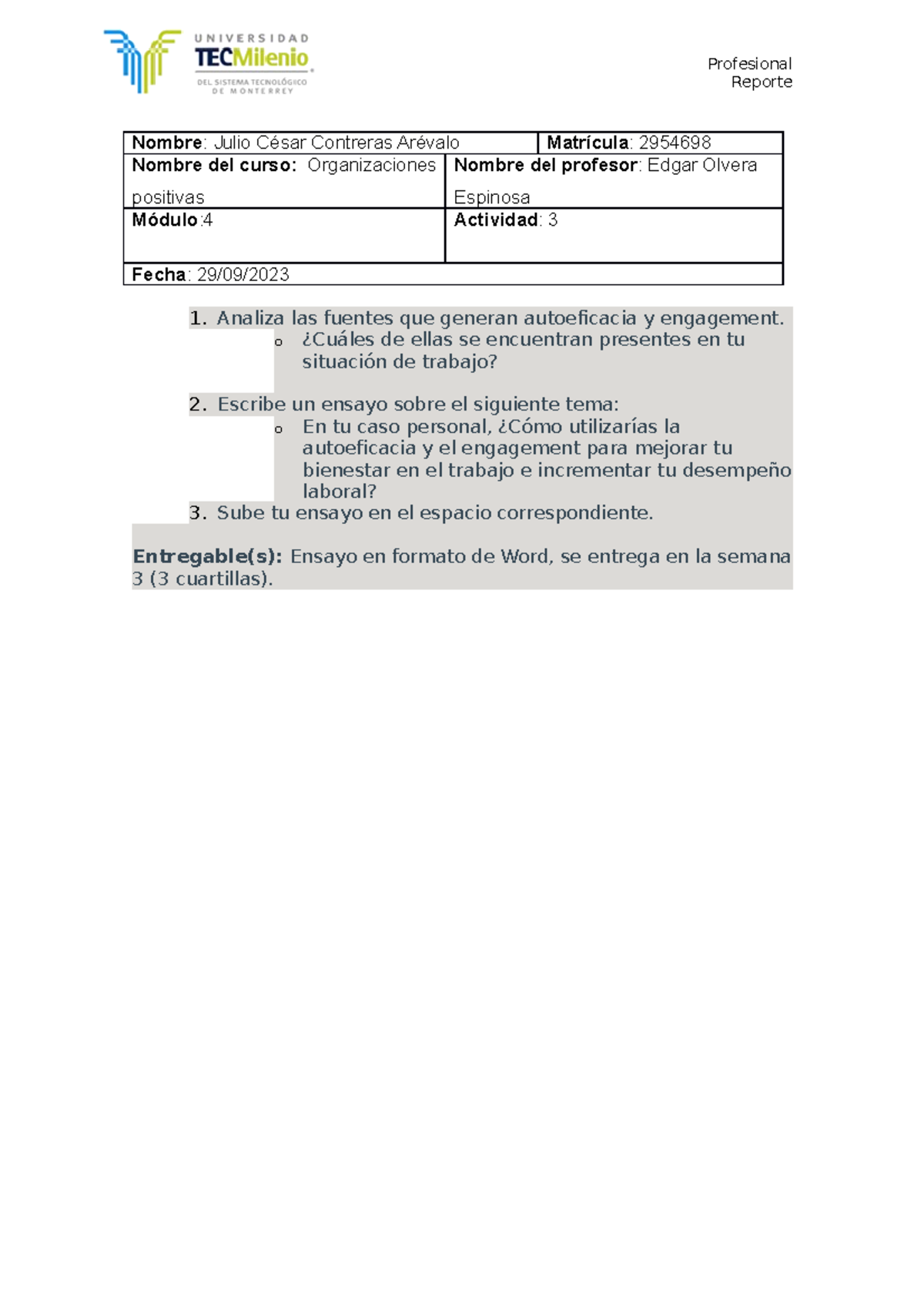 Organizaciones positivas act 3 - Reporte Nombre: Julio César Contreras Arévalo Matrícula ...