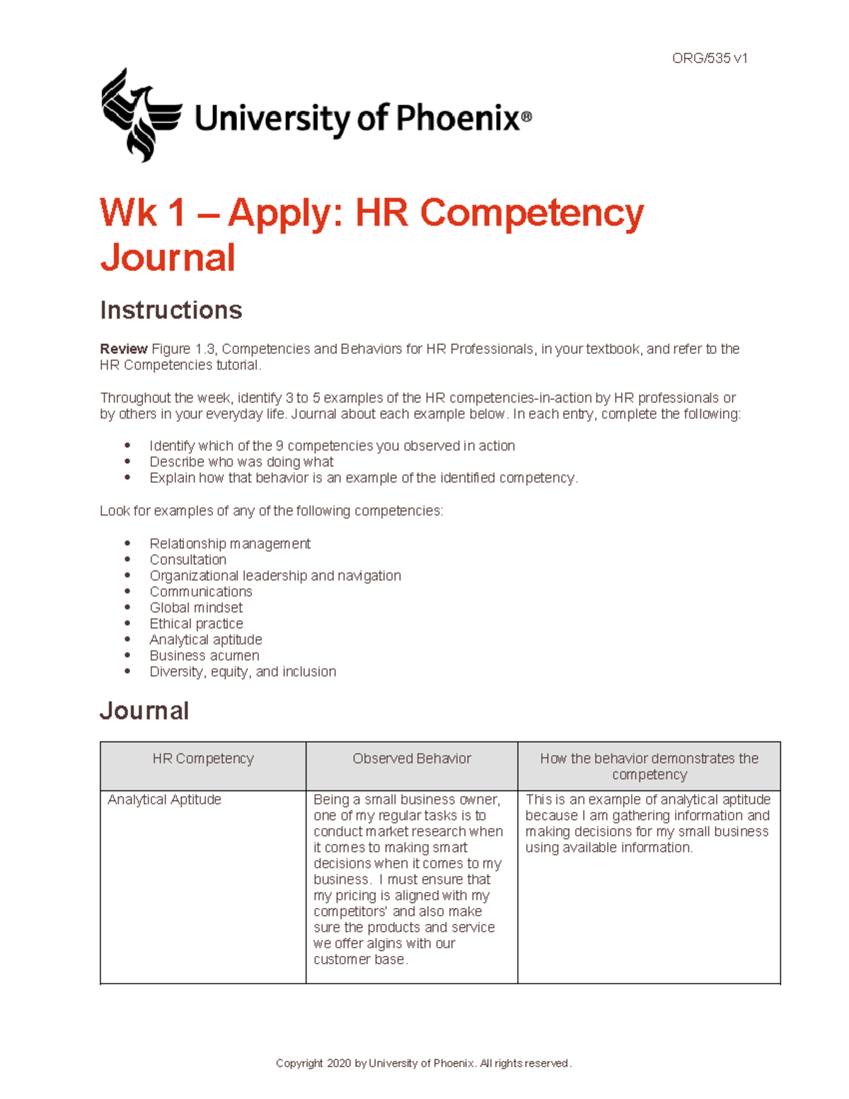 Week 1 Assignment - Weekly coursework - ORG/535 v Wk 1 – Apply: HR Competency Journal ...