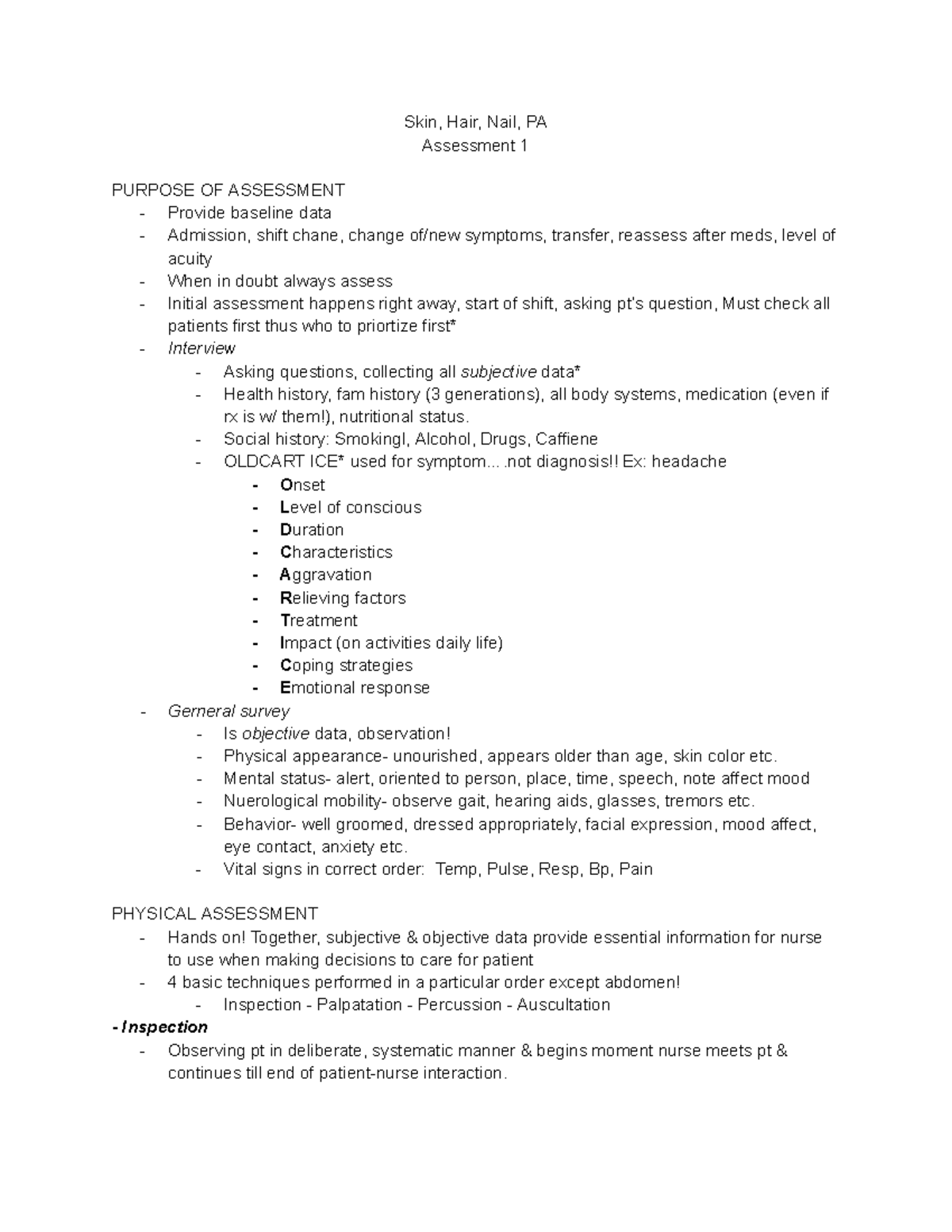 PA 1 - Physical Assessment Test #1 - Skin, Hair, Nail, PA Assessment 1 ...