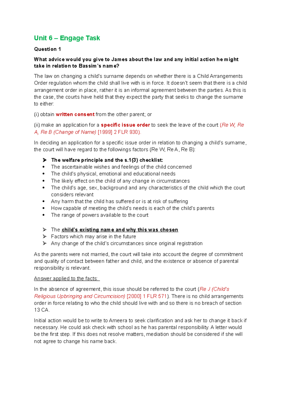 Unit 6 Engage Task - Unit 6 – Engage Task Question 1 What advice would you give to James about ...