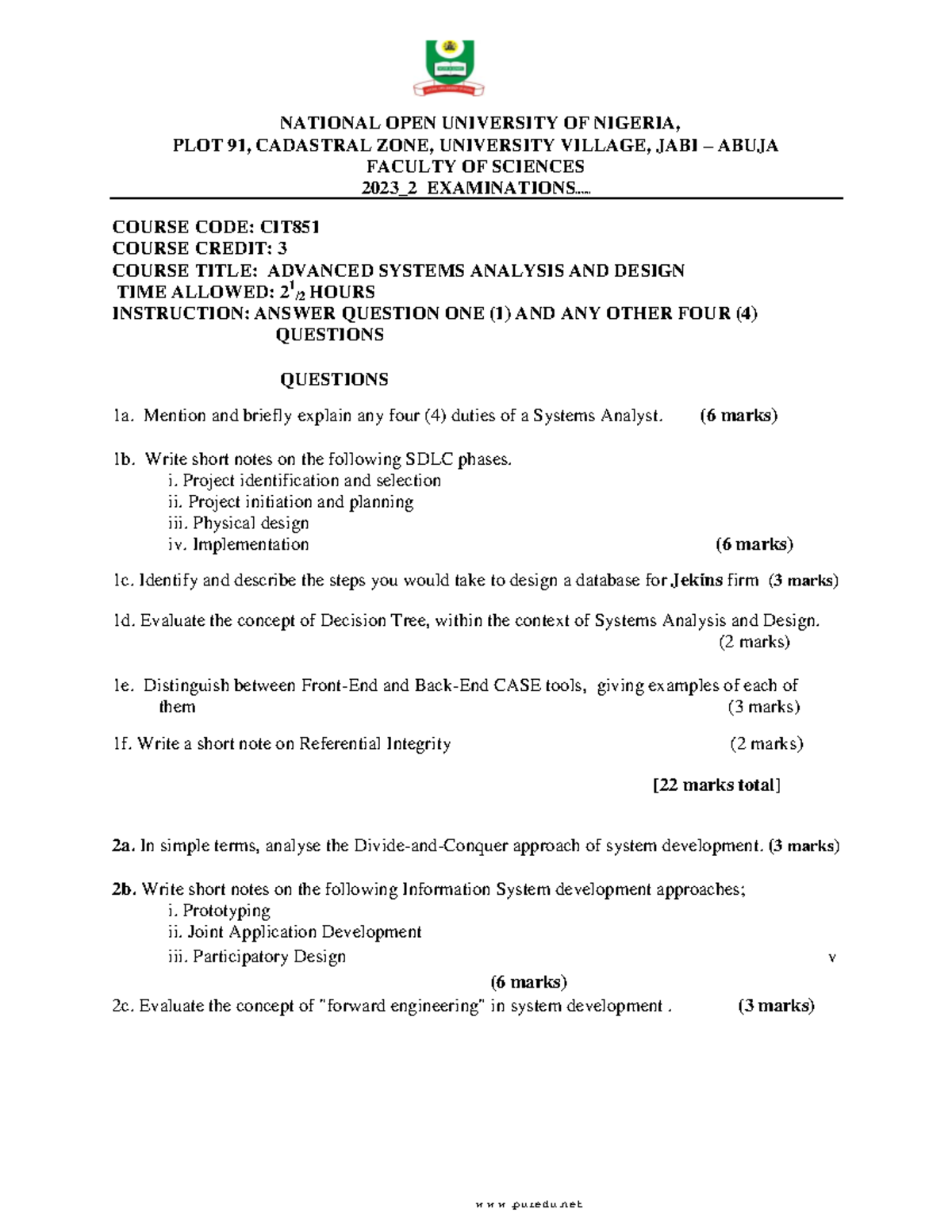 CIT851 2023 2 - Exam past question - NATIONAL OPEN UNIVERSITY OF ...