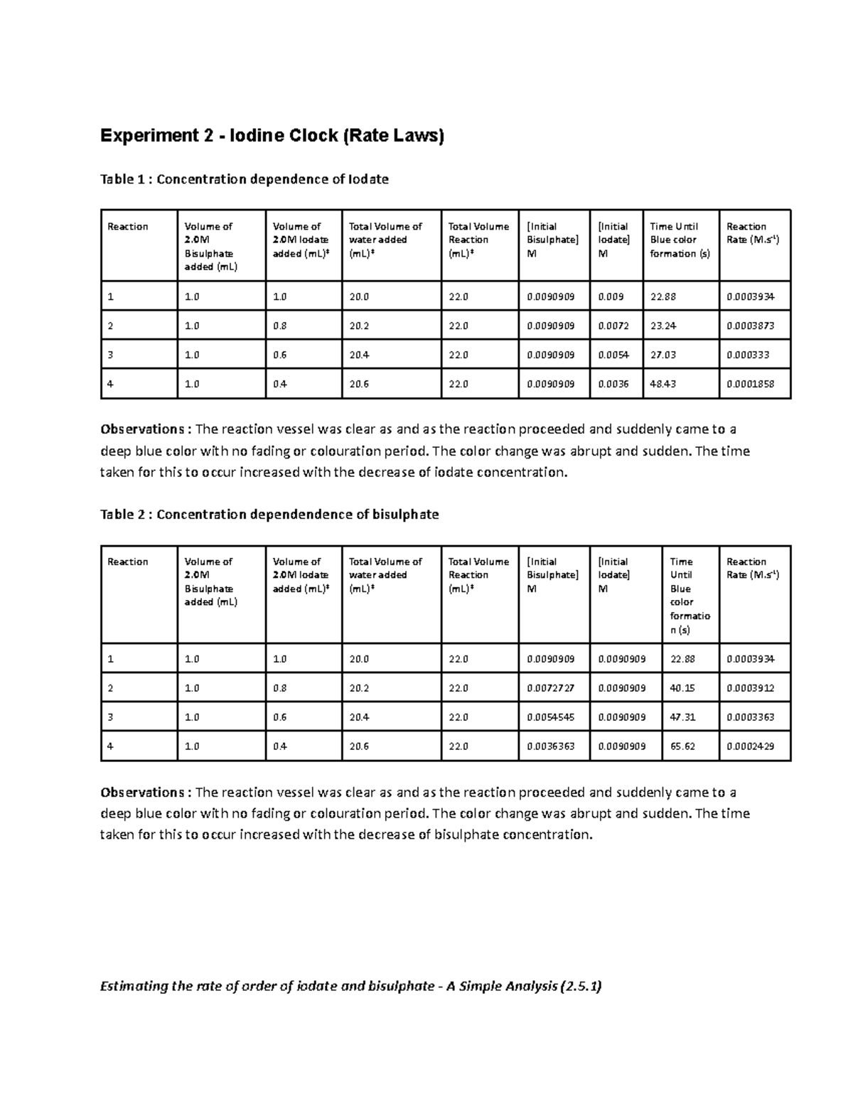 Iodine Clock (Rate Laws) Logbook - Experiment 2 - Iodine Clock (Rate ...