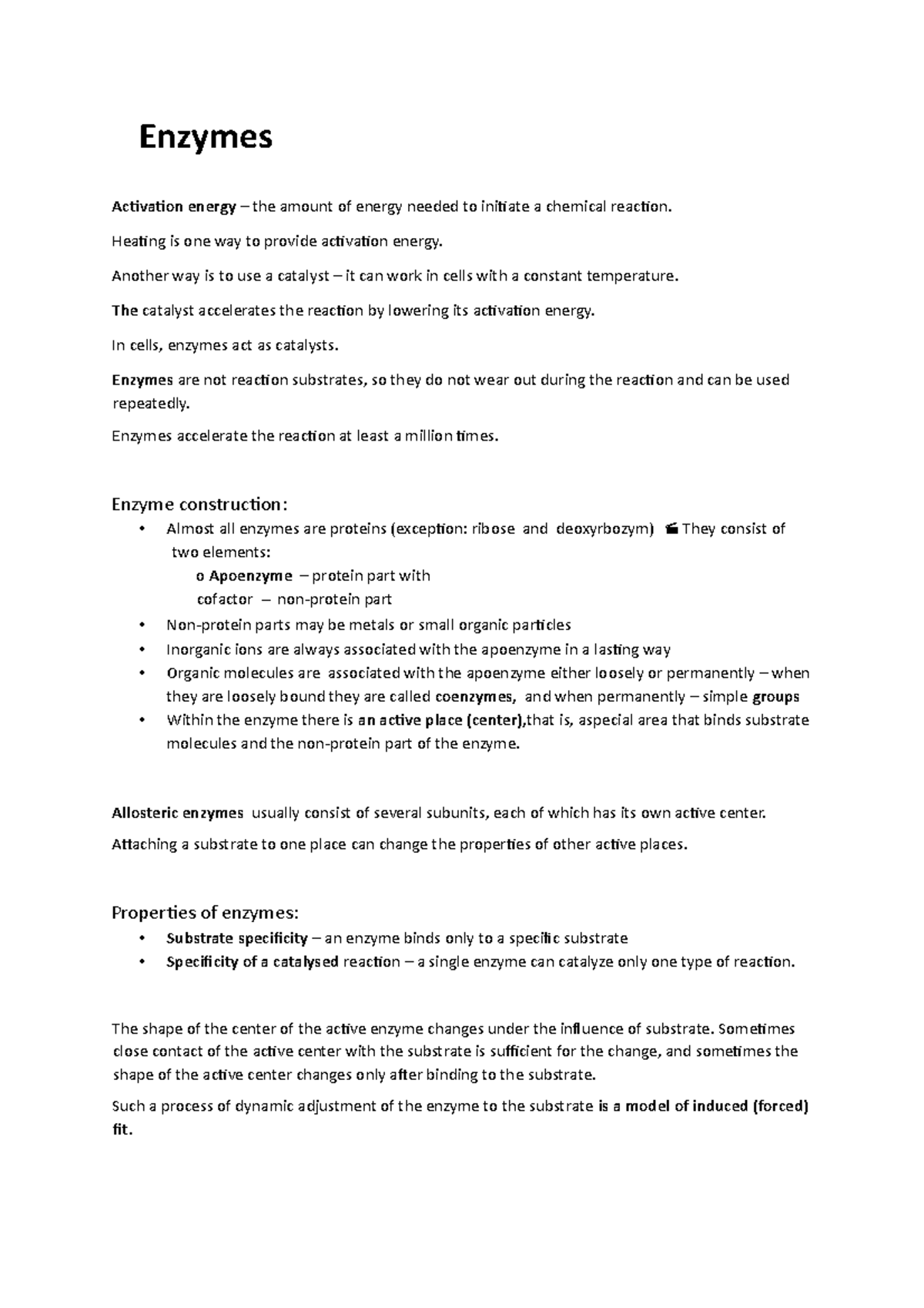 Enzymes lecture notes - Enzymes Activation energy – the amount of ...