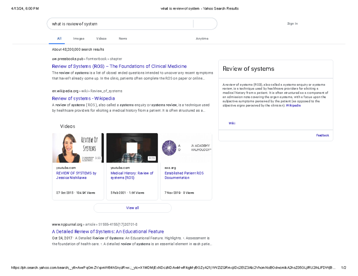 What is review of system - Yahoo Search Results - - Studocu