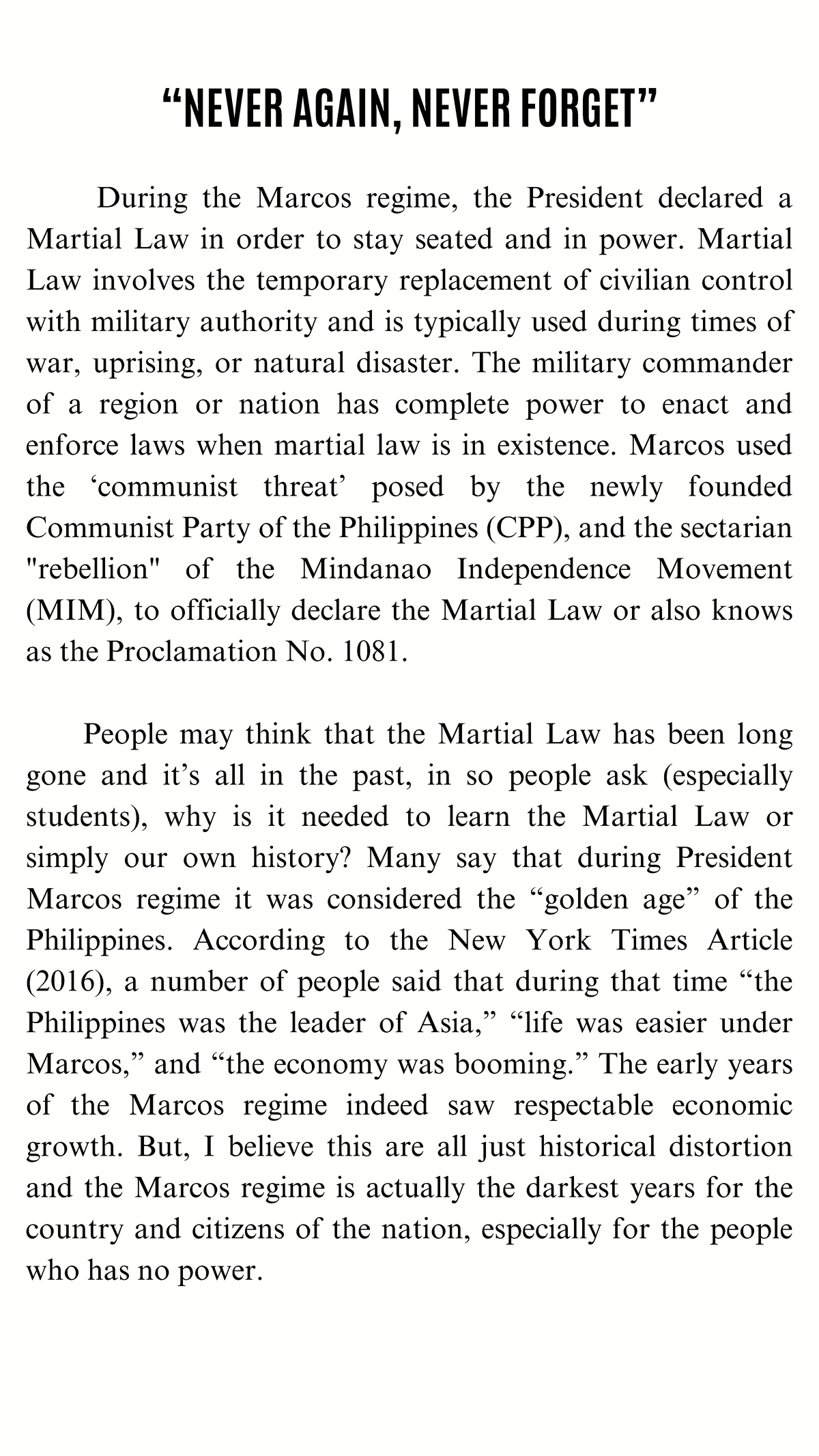 Martial LAW - “NEVER AGAIN, NEVER FORGET” During the Marcos regime, the ...