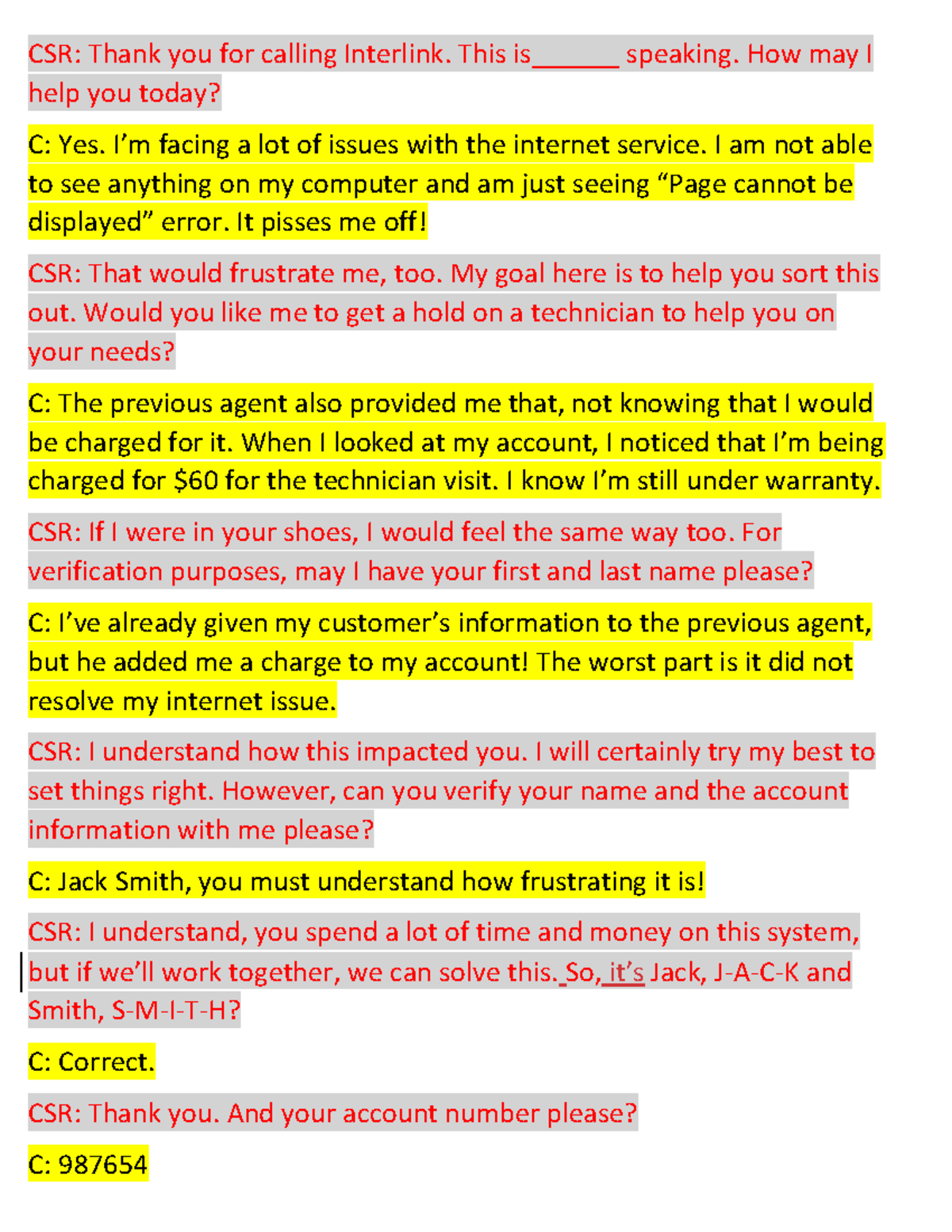 62 Mock Call Script - CSR: Thank you for calling Interlink. This is ...