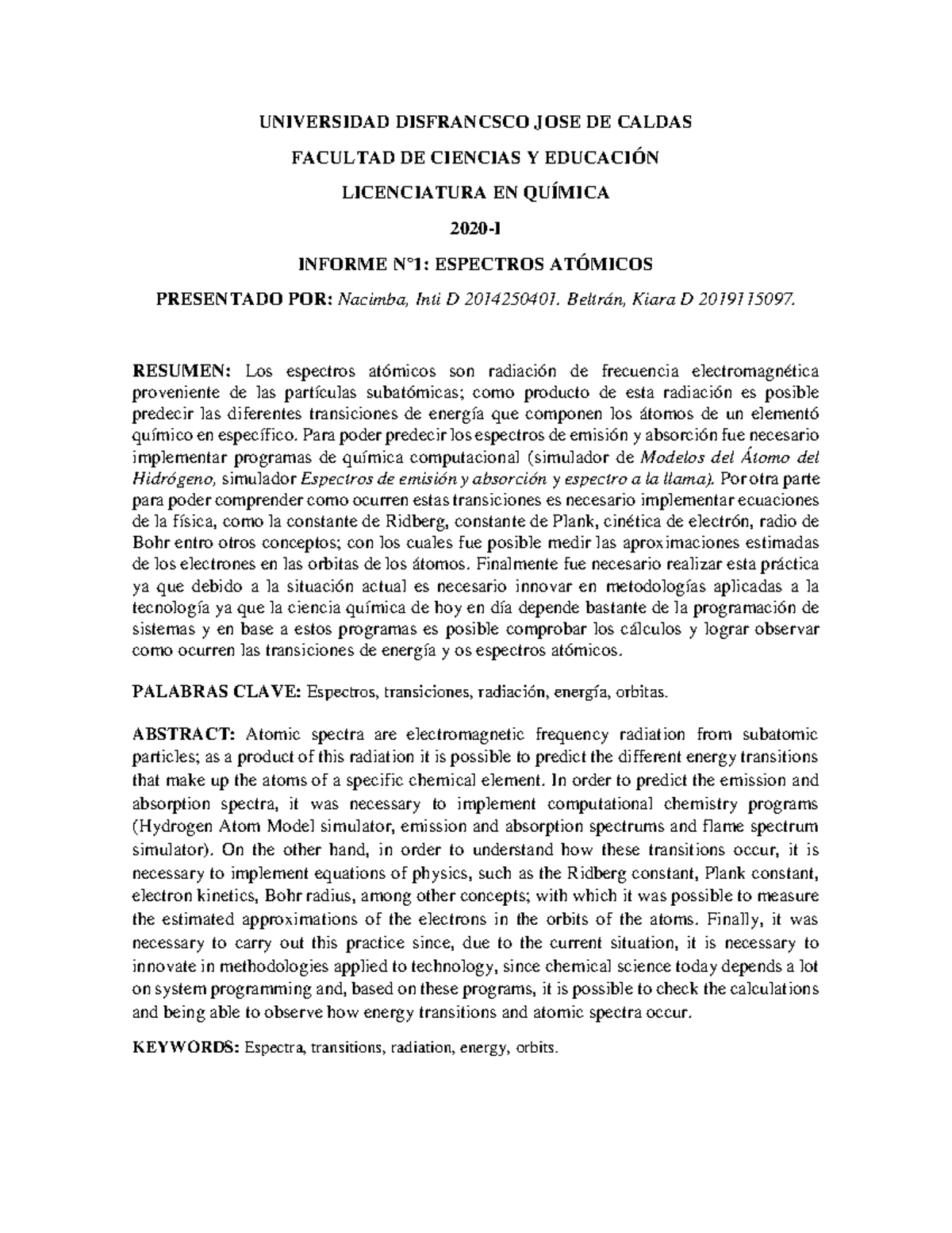 Informe 1 Química inorgánica - Warning: TT: undefined function: 32 UNIVERSIDAD DISFRANCSCO JOSE ...