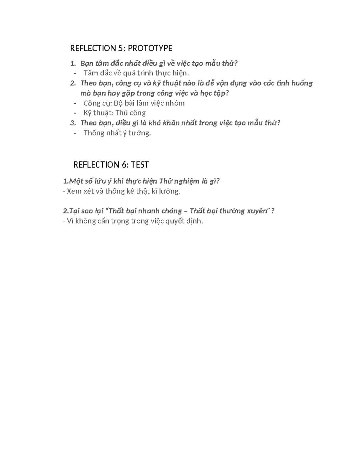Reflection 5-6 - uihuh - REFLECTION 5: PROTOTYPE 1. Bạn tâm đắc nhất điều gì về việc tạo mẫu thử ...