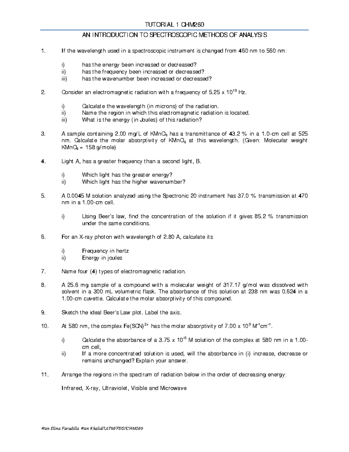CHP1 CHM260 TUTO - TUTORI AL 1 CHM AN I NTRODUCTI ON TO SPECTROSCOPI C ...