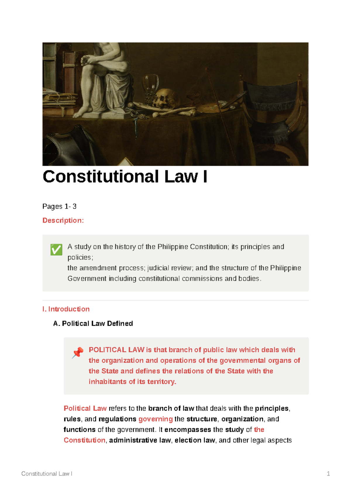 Constitutional Law I - Constitutional Law I Pages 1- 3 Description: A ...