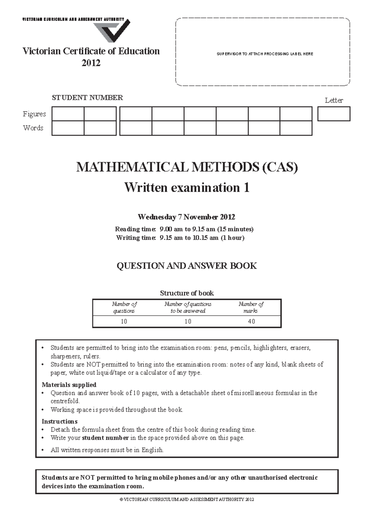 Mmcas 2012 VCAA Exam1 - engklisg - Figures Words STUDENT NUMBER Letter ...