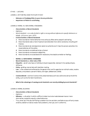Ethics reviewer - Lesson 1 “ A man without ethics is a wild beast ...