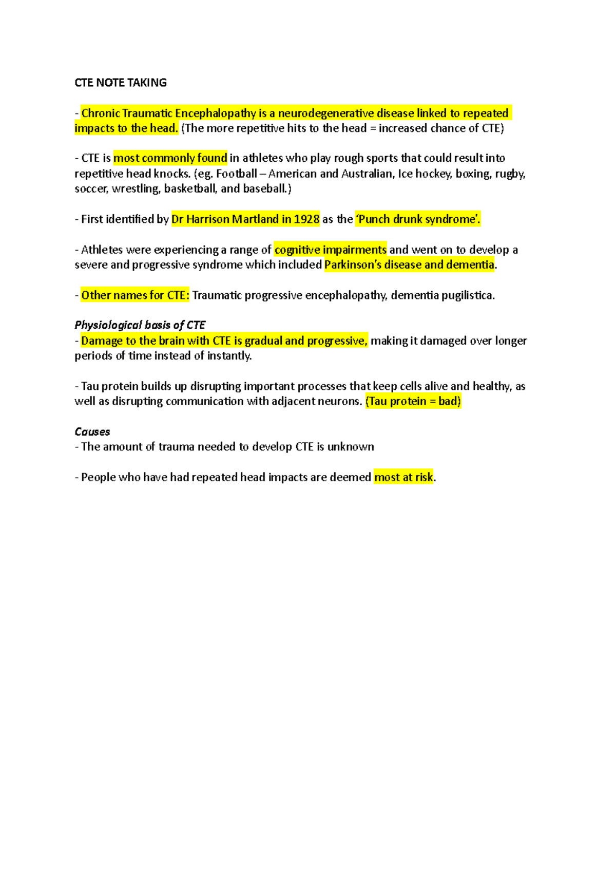 CTE NOTE Taking - ... - CTE NOTE TAKING Chronic Traumatic ...