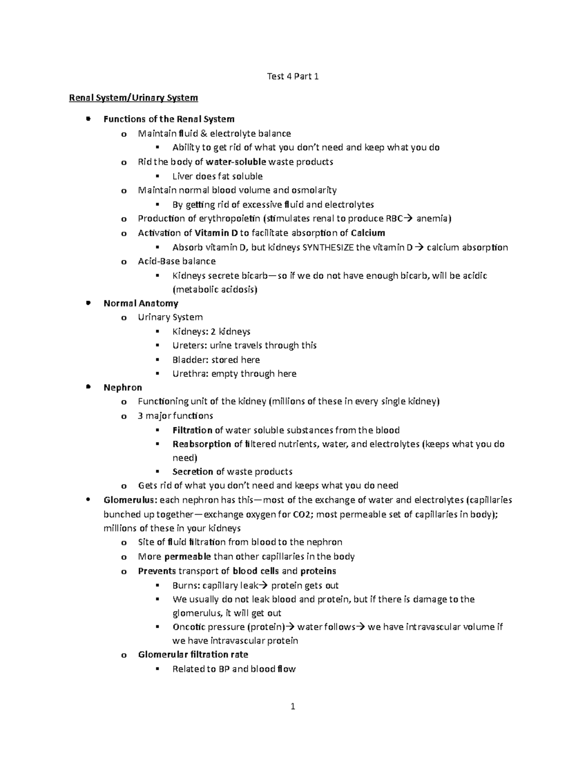 Test 4 Study Guide - Test 4 Part 1 Renal System/Urinary System ...