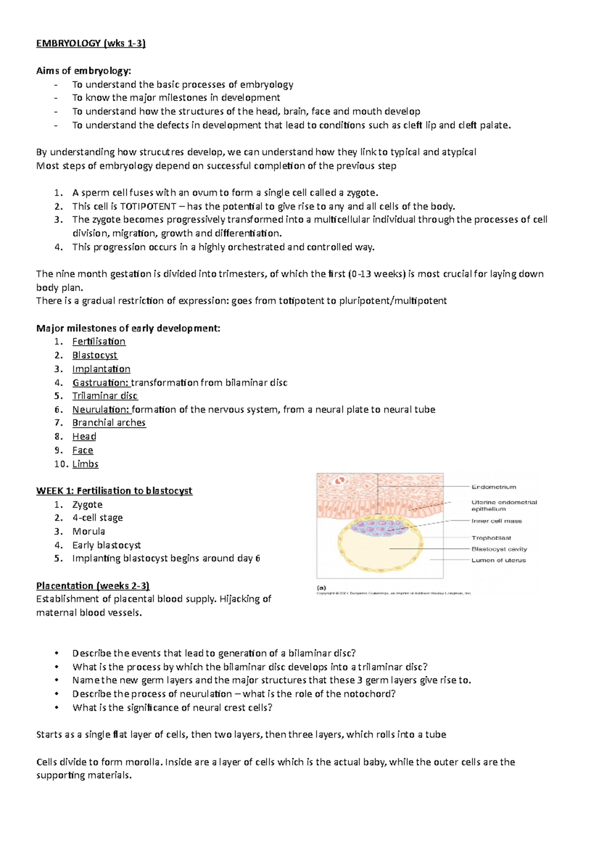 Modules 1- 3 Embryology - EMBRYOLOGY (wks 1-3) Aims of embryology: - To ...
