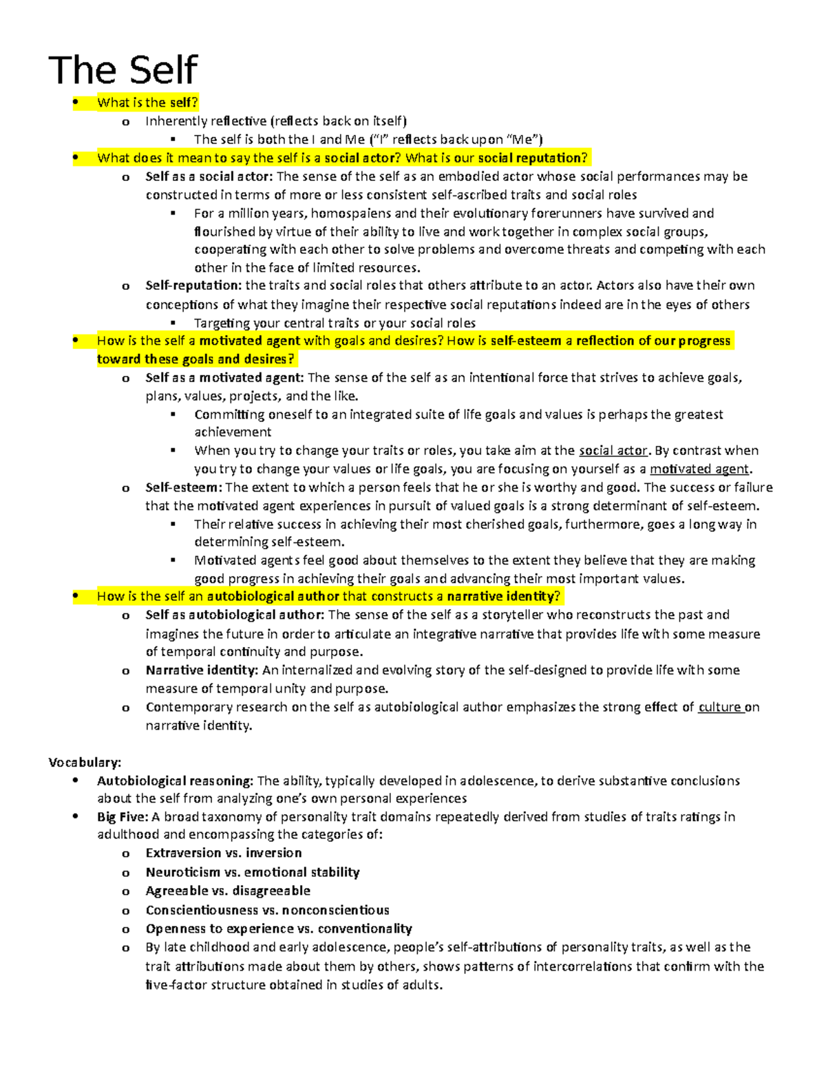The Self - Lecture notes 6 - The Self What is the self? o Inherently ...