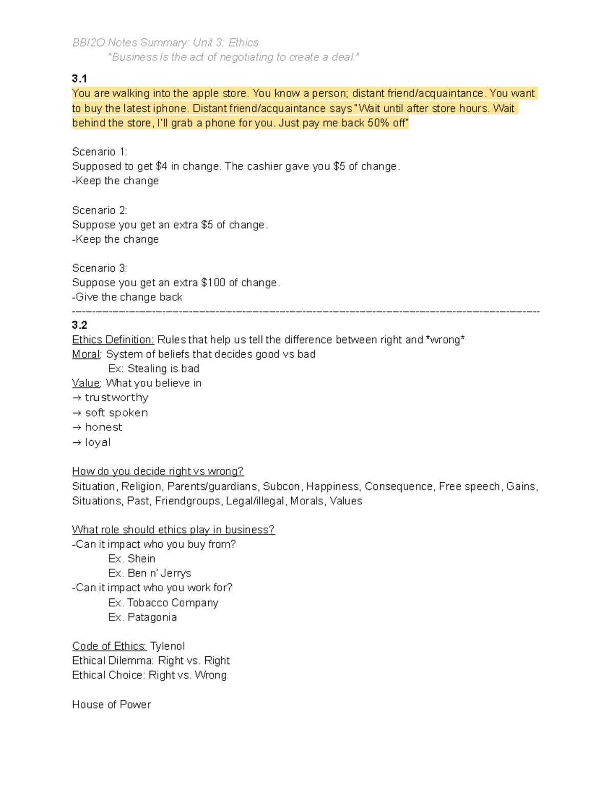 Unit 3 Ethics - Introduction To Business - BBI2O - BBI2O Notes Summary ...
