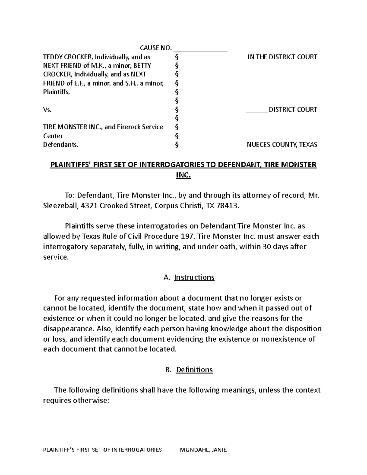 Crocker'S First SET OF Interrogatories TR2 - CAUSE NO ...