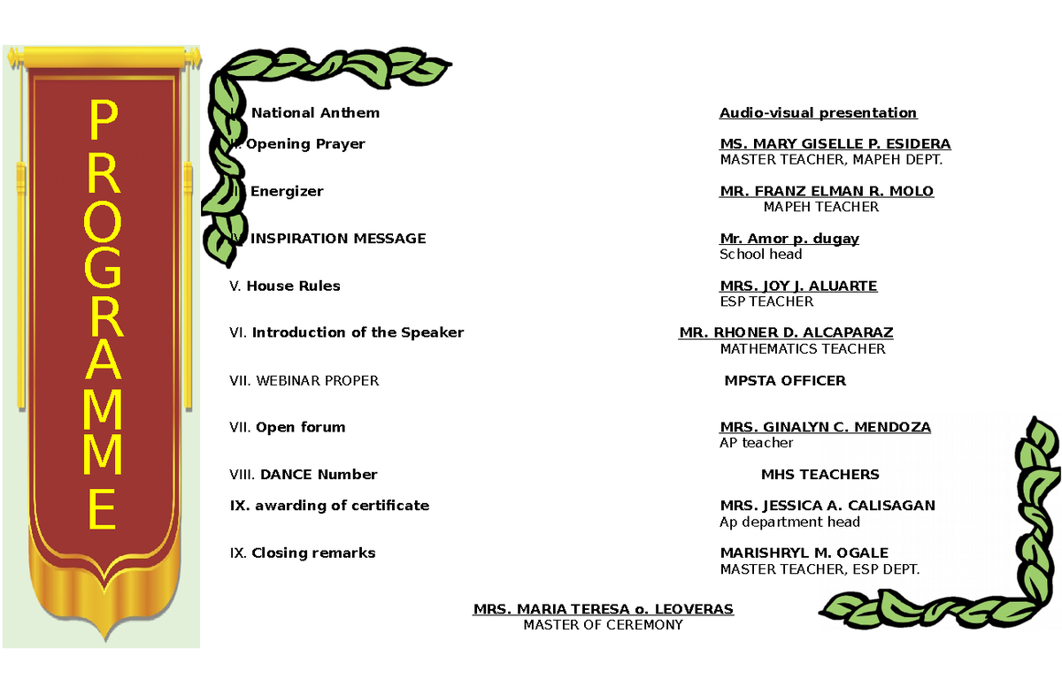 GAD-PROG-and- Invitation edited - MRS. MARIA TERESA o. LEOVERAS MASTER OF CEREMONY I. National ...