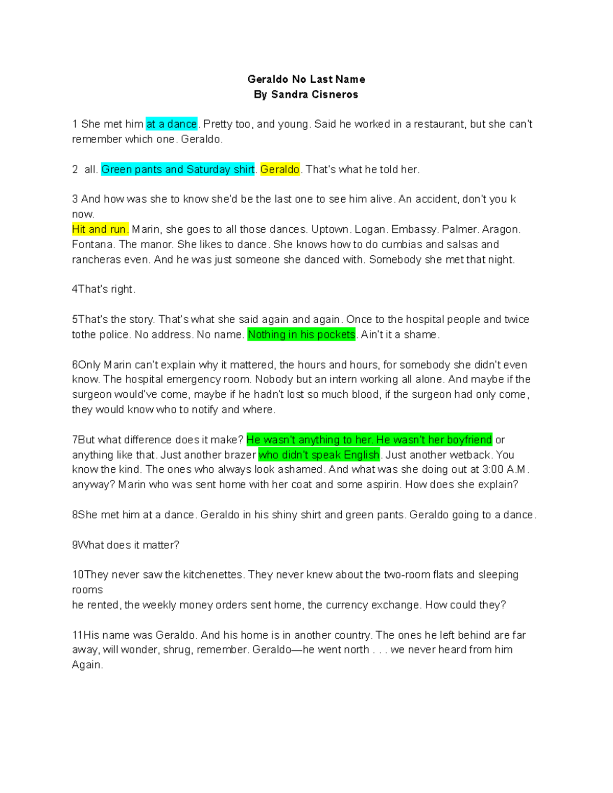 Mango Annotations - Geraldo No Last Name By Sandra Cisneros 1 She met ...