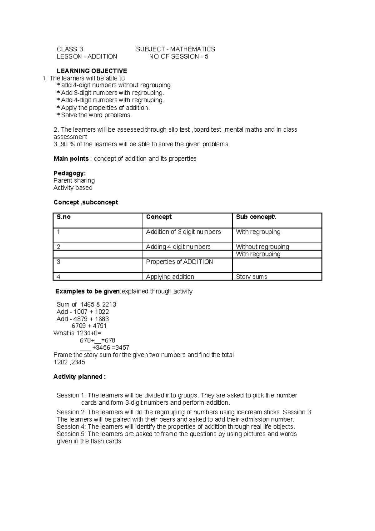Addition lp 3rd - CLASS 3 SUBJECT - MATHEMATICS LESSON - ADDITION NO OF ...