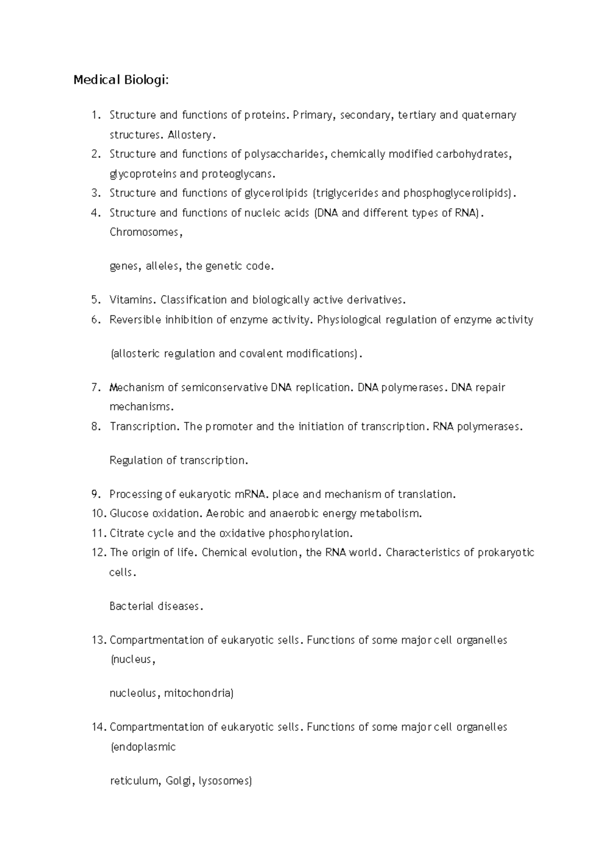 Emneliste medisin - Medical Biologi: 1. Structure and functions of ...