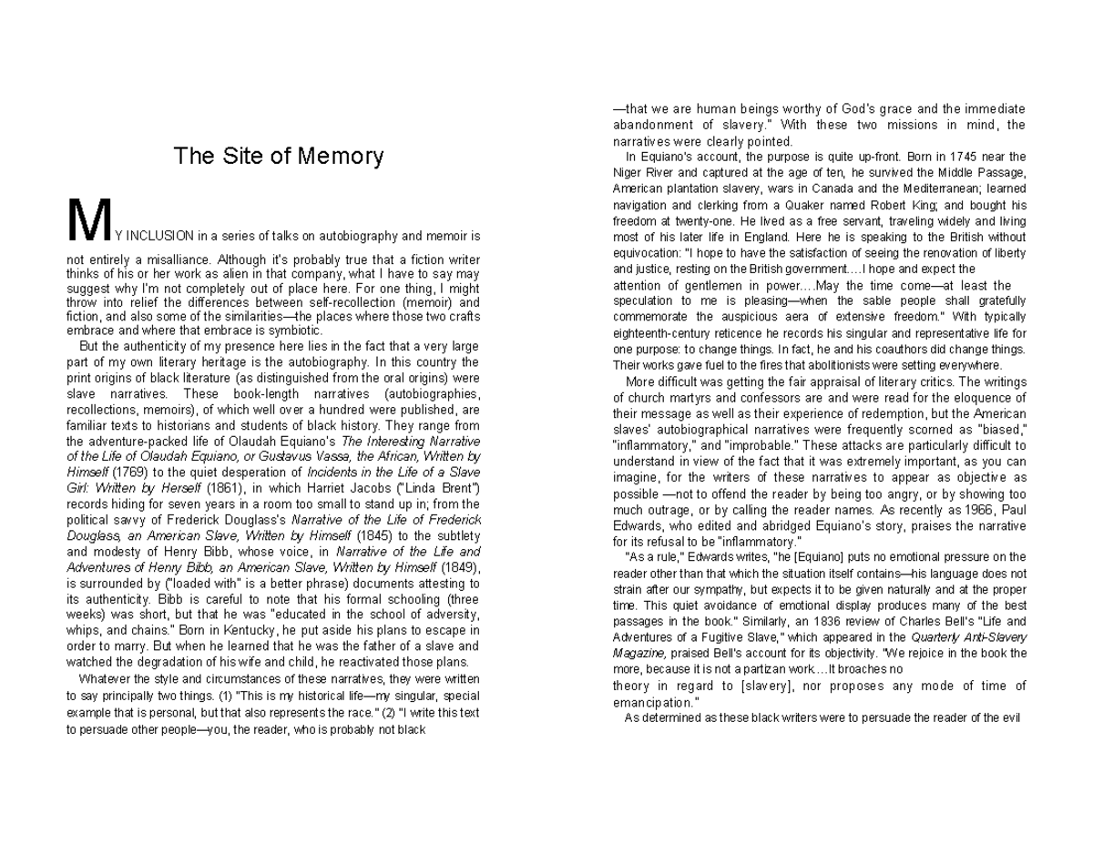 Site of Memory - Toni Morrison - The Site of Memory MY INCLUSION in a ...