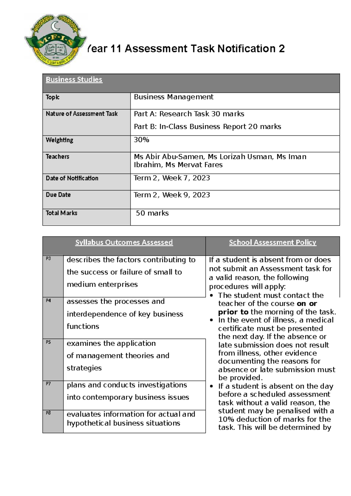 Year 11 Assessment business report Copy - \= Year 11 Assessment Task ...