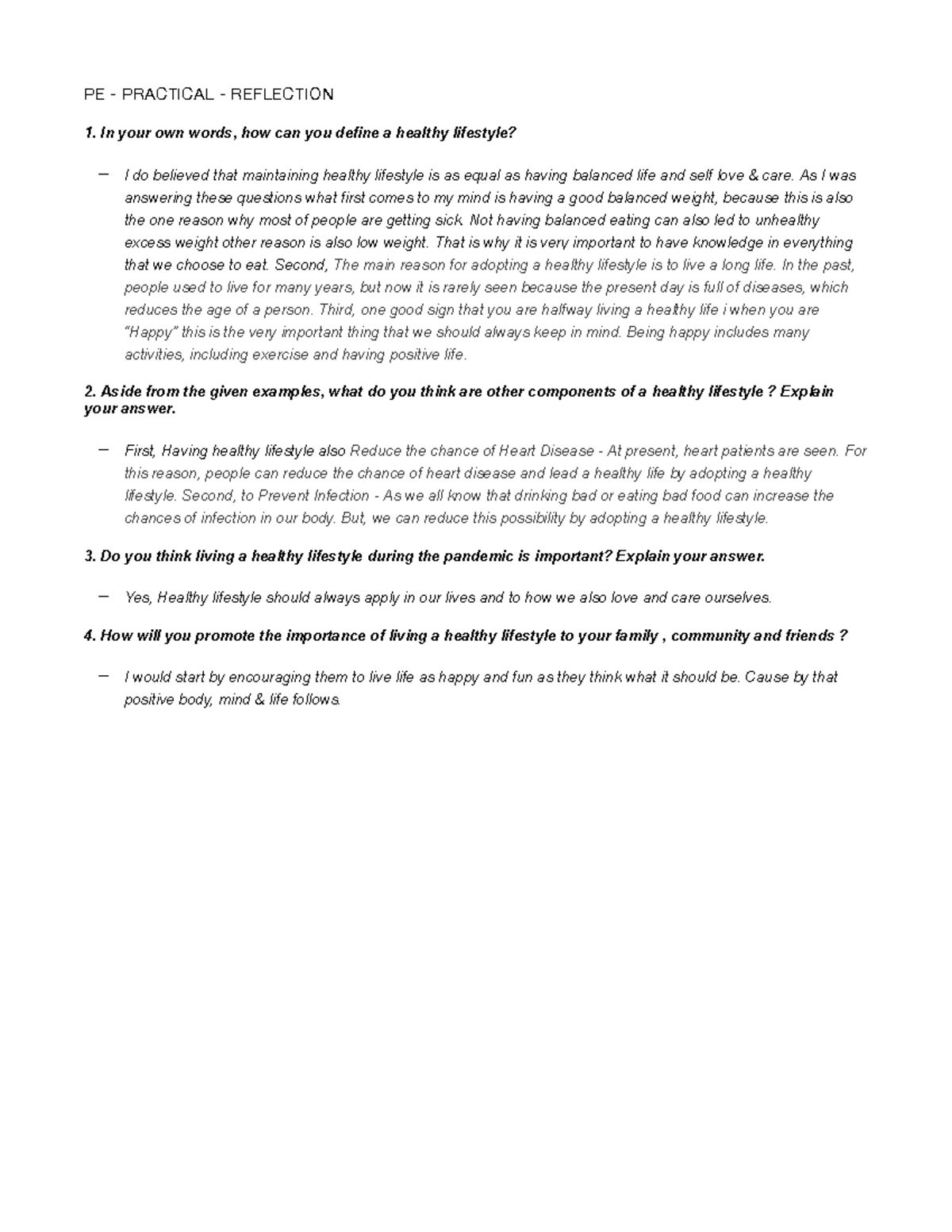 PE - Practical - Reflection - Business Administration - Studocu