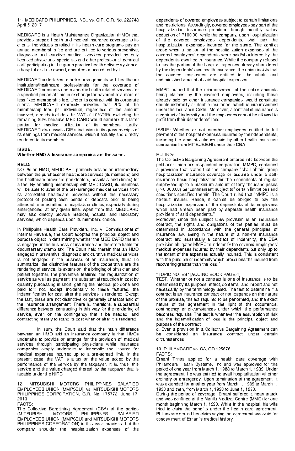 11-20 Case - insurance case digest - 11· MEDICARD PHILIPPINES, INC., vs. CIR, G. No. 222743 ...