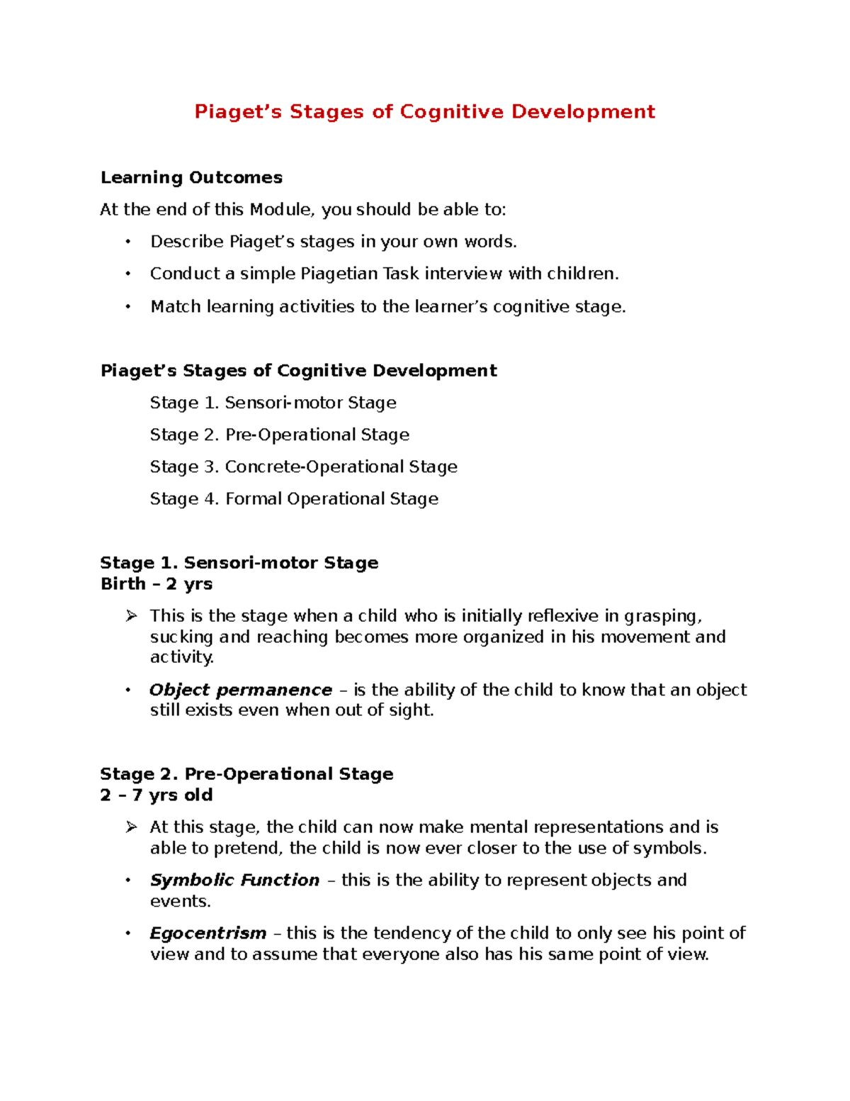 Piaget’s Stages of Cognitive Development - Piaget’s Stages of Cognitive ...