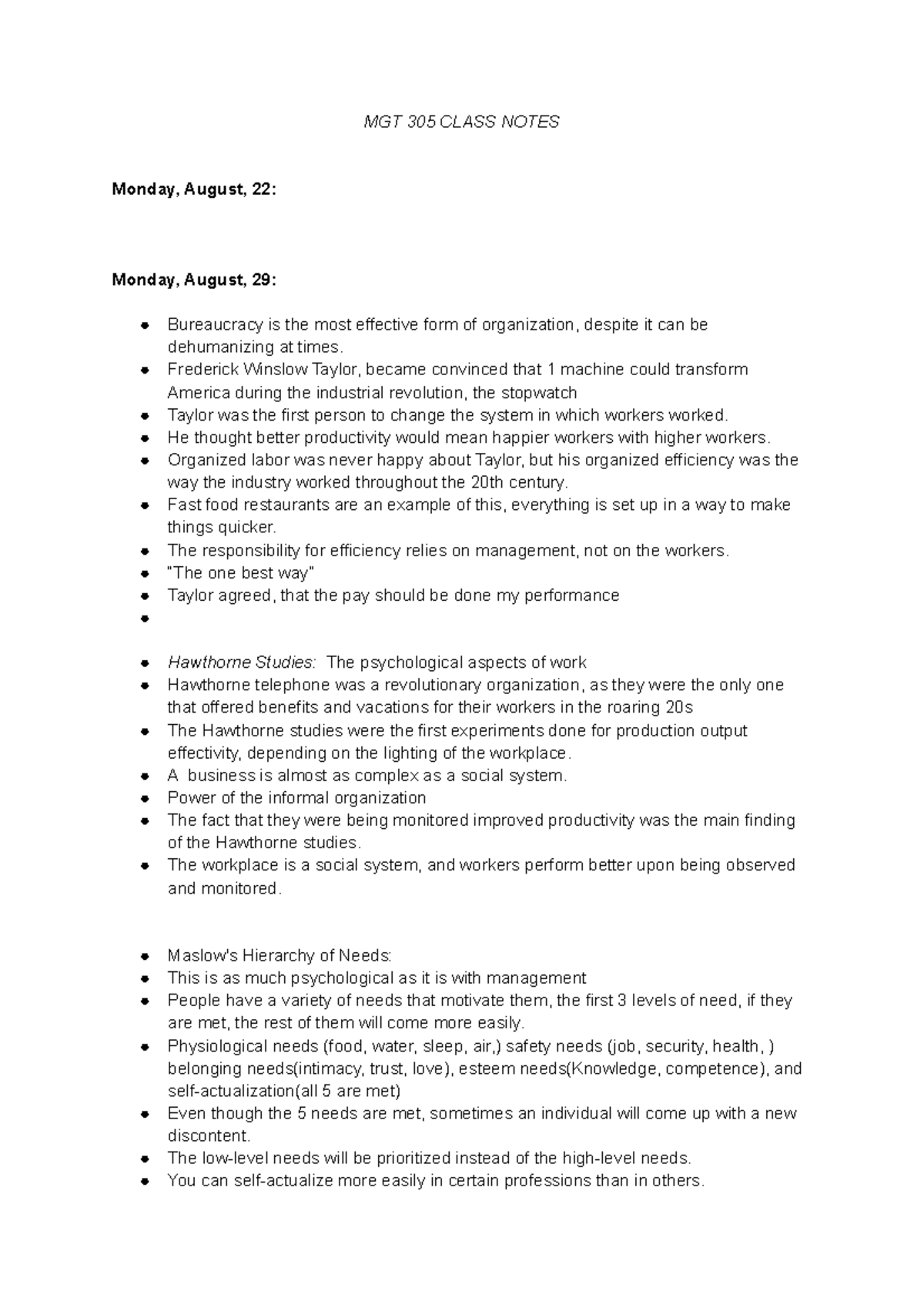 Principles of Management Class Notes - MGT 305 CLASS NOTES Monday ...