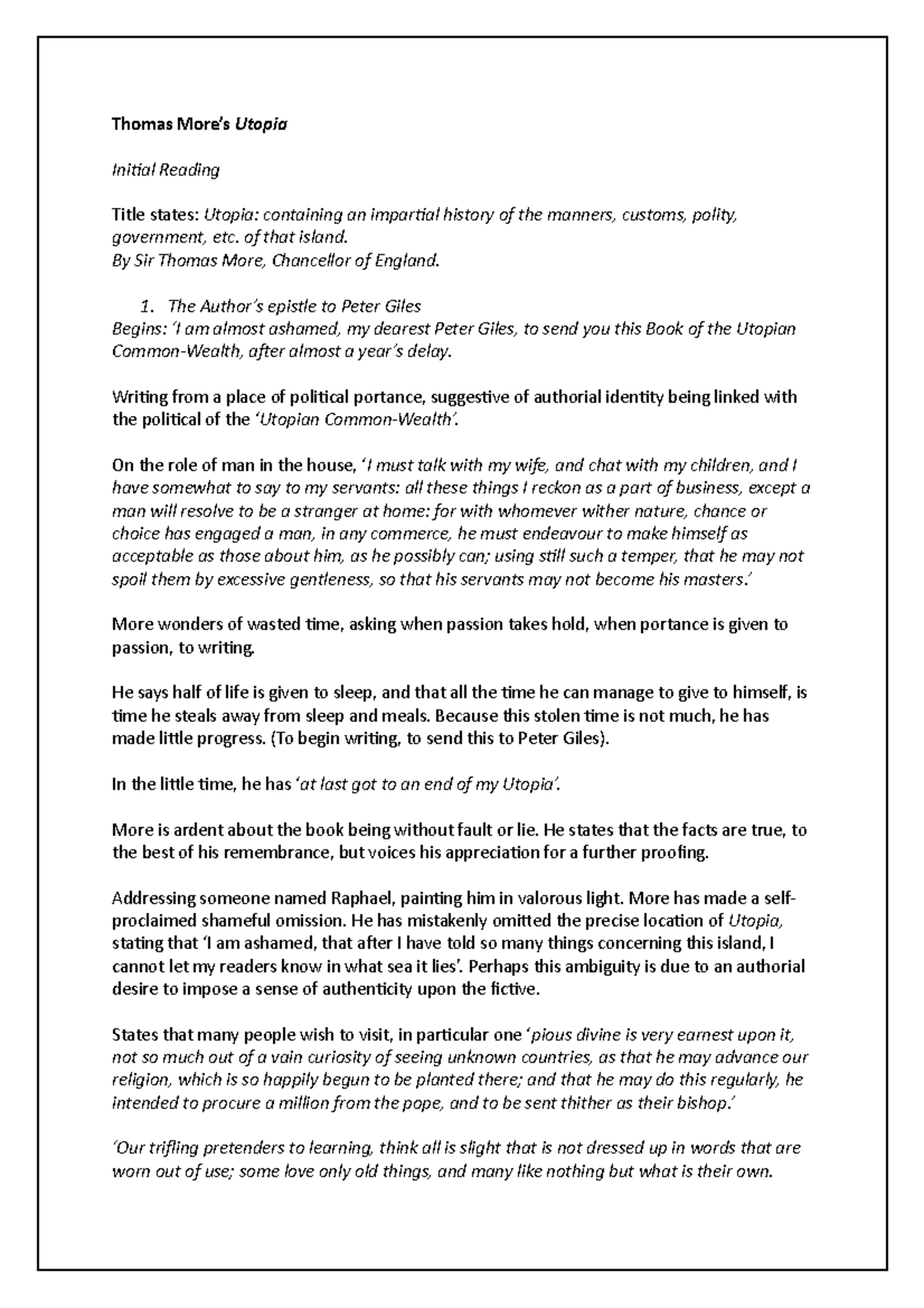 Thomas More - Thomas More’s Utopia Initial Reading Title states: Utopia ...