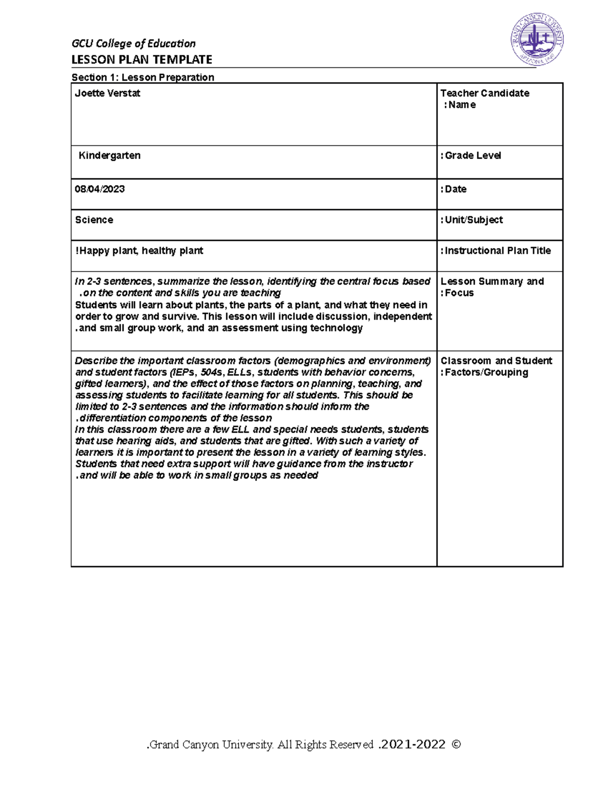 Lesson plan science - Section 3 - LESSON PLAN TEMPLATE Section 1 ...