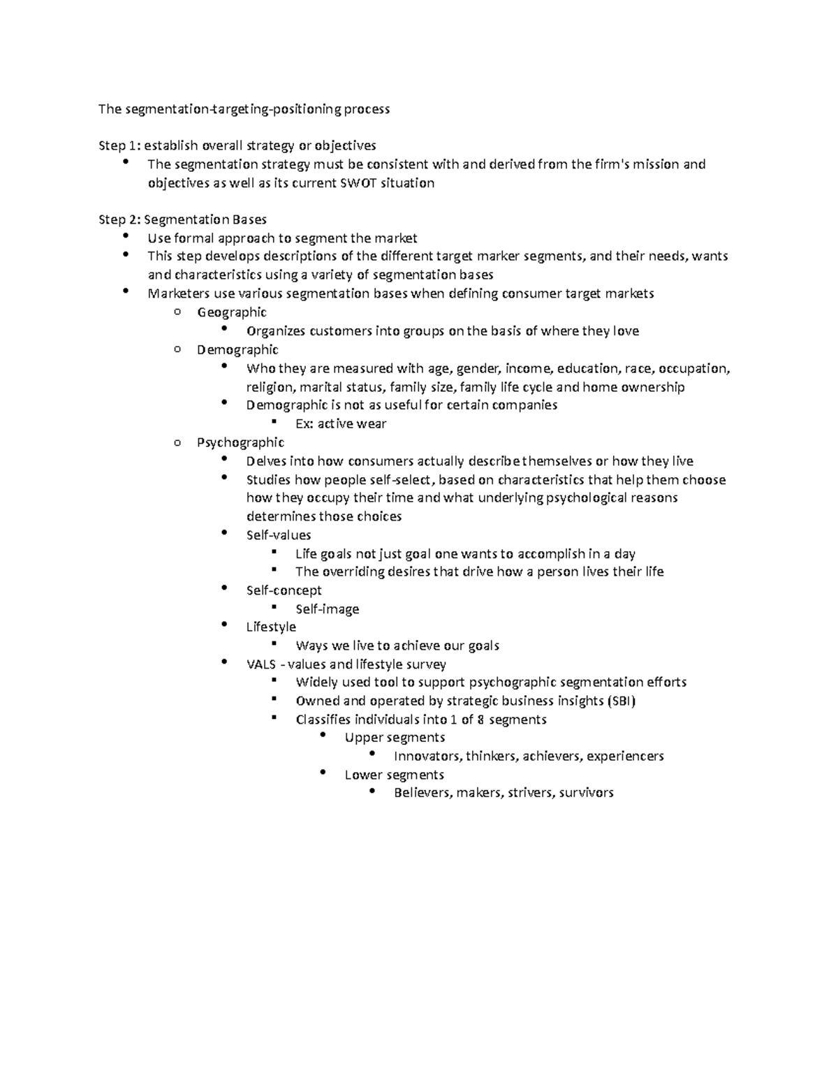 Chapter 6 - The segmentation-targeting-positioning process Step 1: establish overall strategy or ...