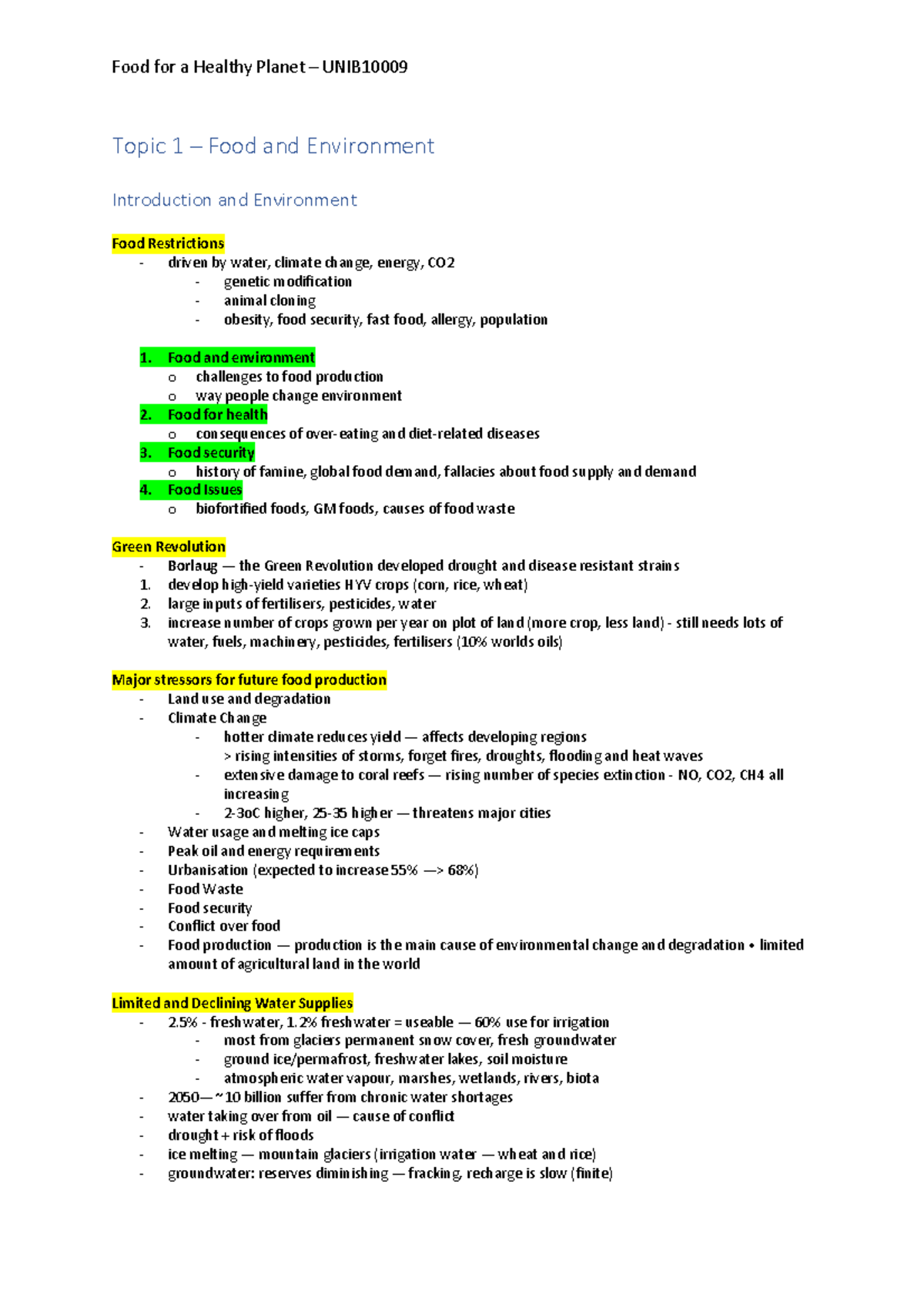 All content - PDF Notes - Topic 1 – Food and Environment Introduction ...