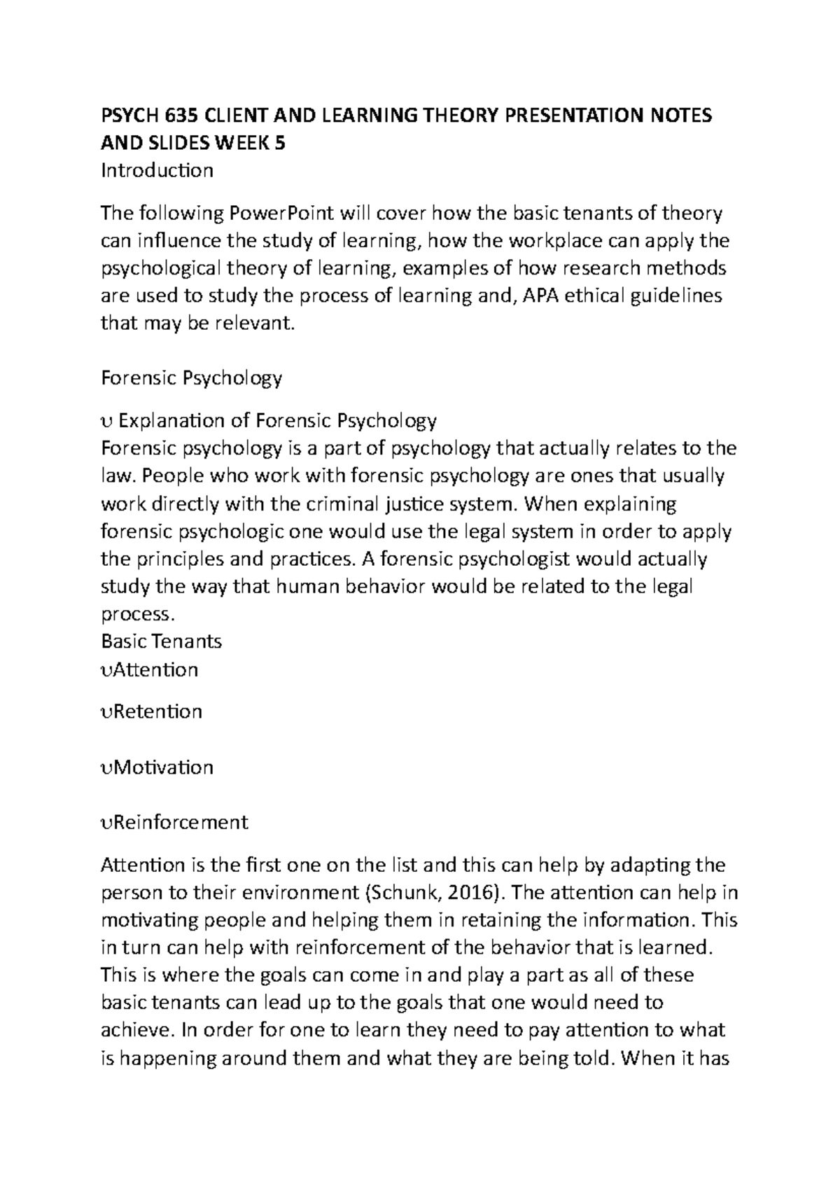 Psych 635 Client AND Learning Theory Presentation Notes - PSYCH 635 ...