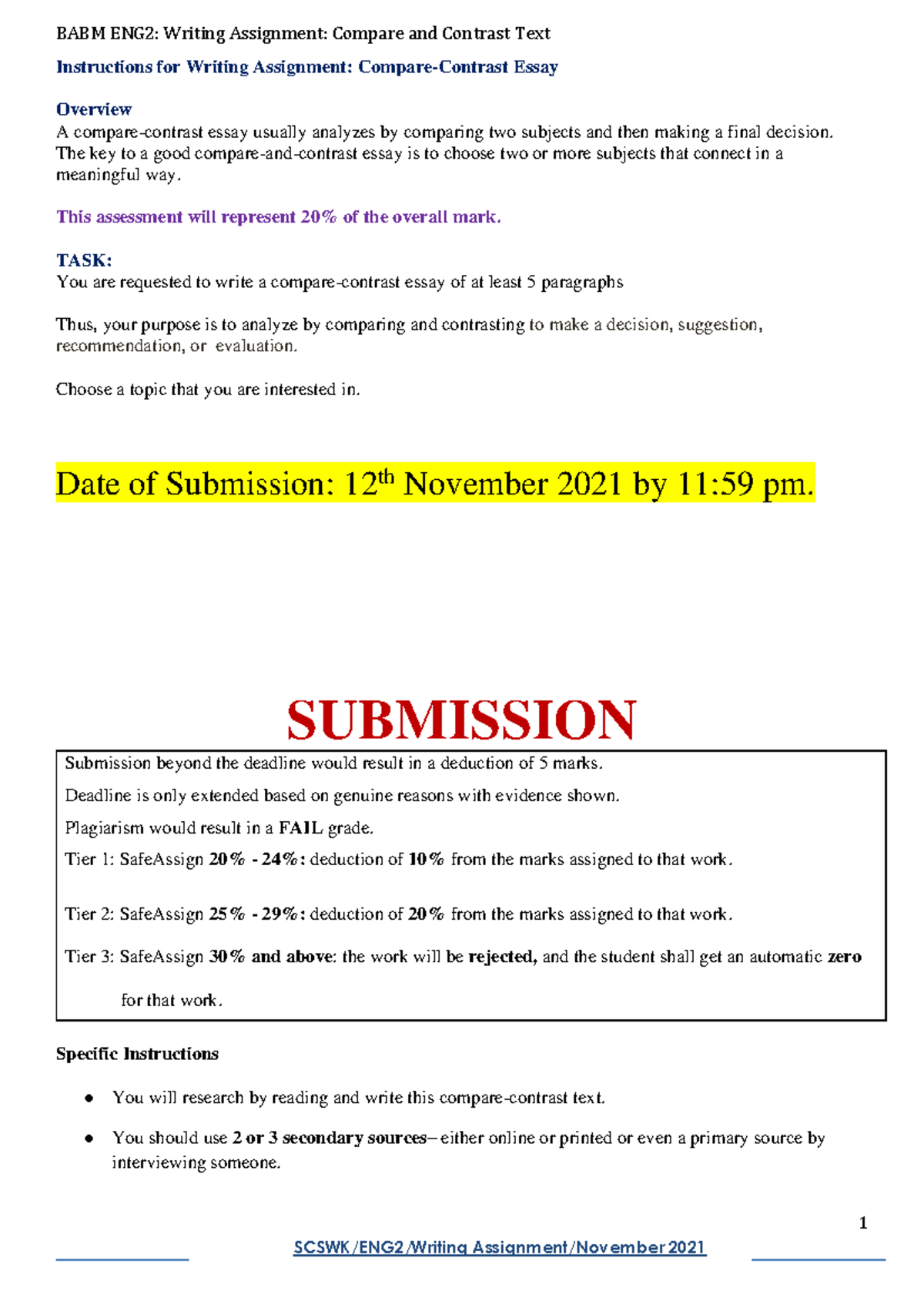 Writing Assignment Compare and Contrast Text - 1 Instructions for ...