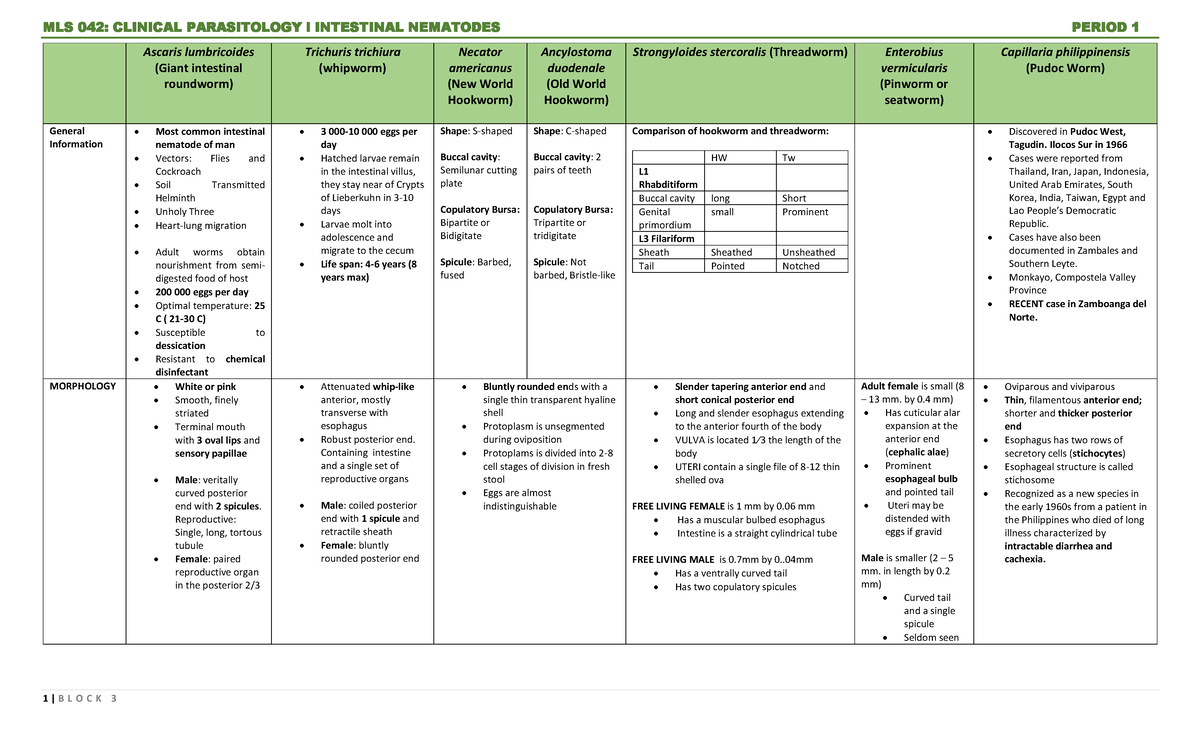 Intestinal Nematodes Table Summary - Ascaris lumbricoides (Giant ...