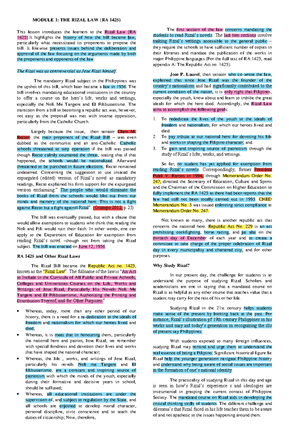 Pdfcoffee - fhg - MODULE 1: THE RIZAL LAW (RA 1425) This lesson introduces the learners to the ...