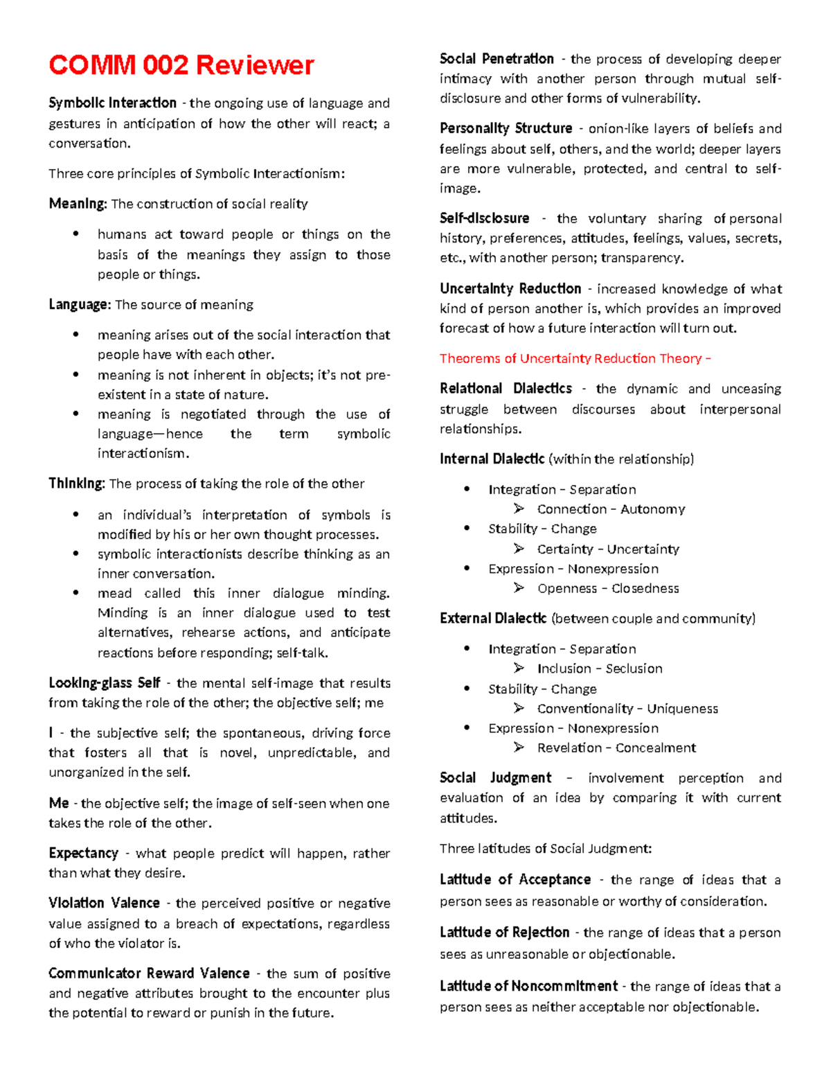 COMM 002 Reviewer - COMM 002 Reviewer Symbolic Interaction - the ...