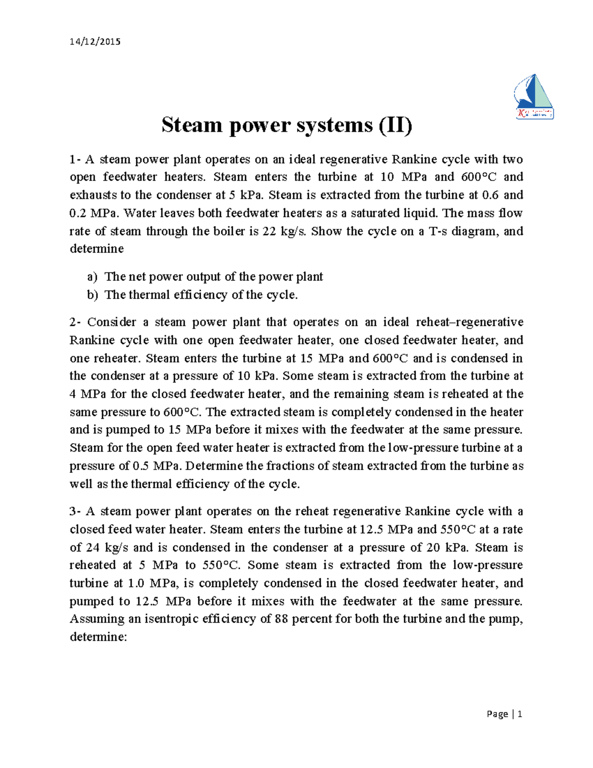 7 Steam Power Systems II - 14/12/ Page | 1 Steam power systems (II) 1 ...