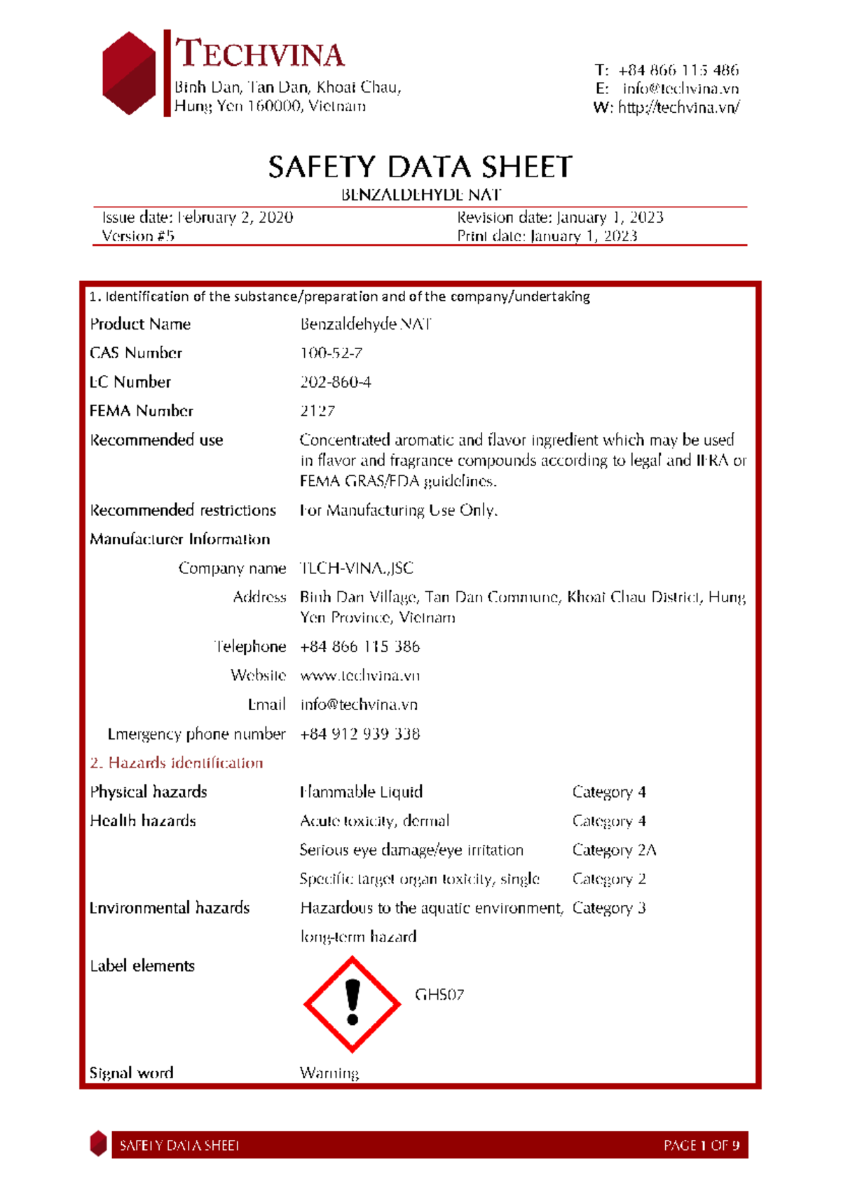 1. Benzaldehyde NAT - SDS - TECHVINA T: 866 115 486 Binh Dan, Tan Dan ...