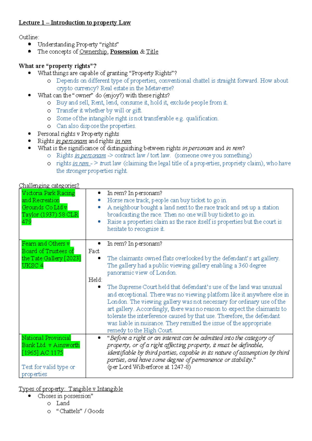 Lecture 1 - introduction - Lecture 1 – Introduction to property Law Outline: Understanding - Studocu