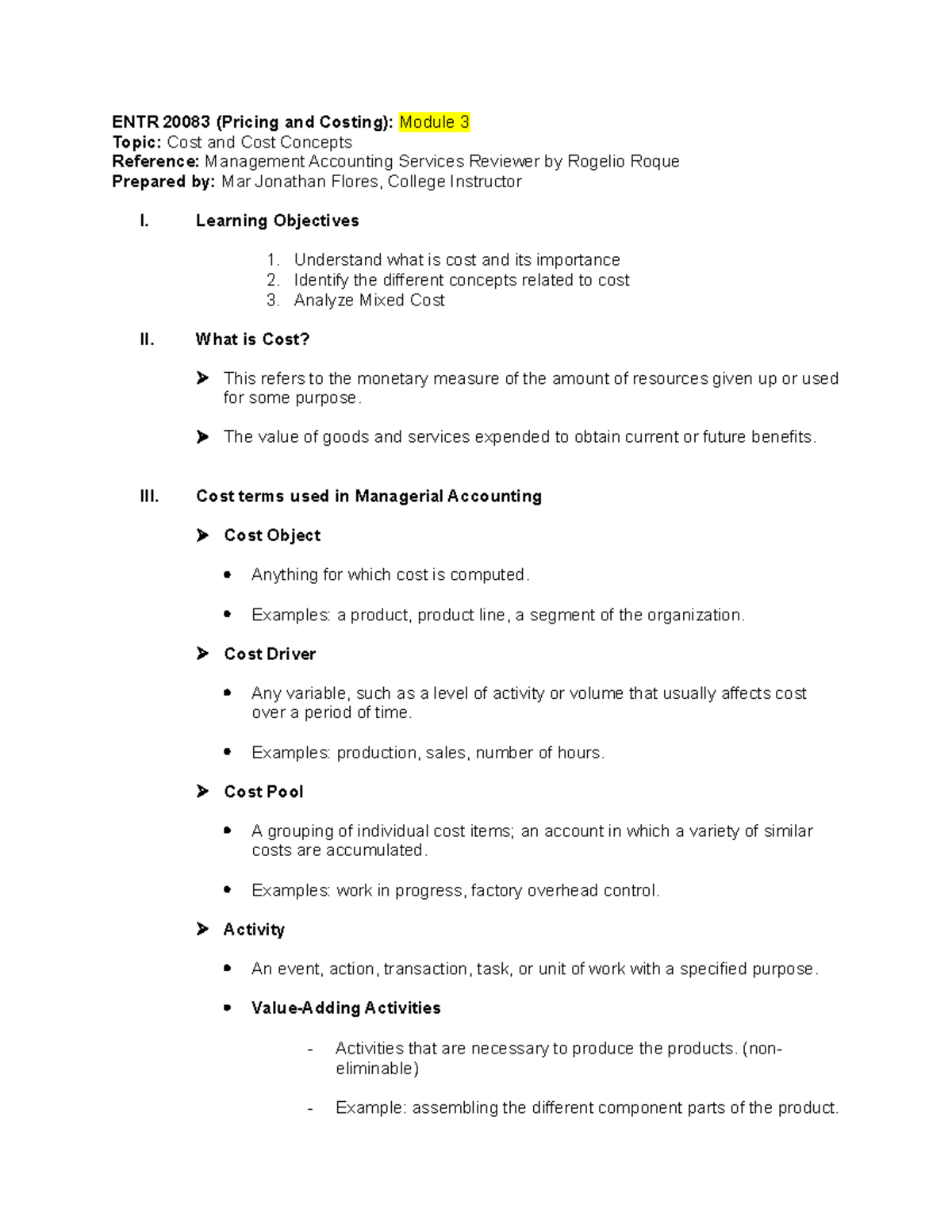ENTR 2008 3 - Module 3 - ENTR 20083 (Pricing and Costing): Module 3 ...