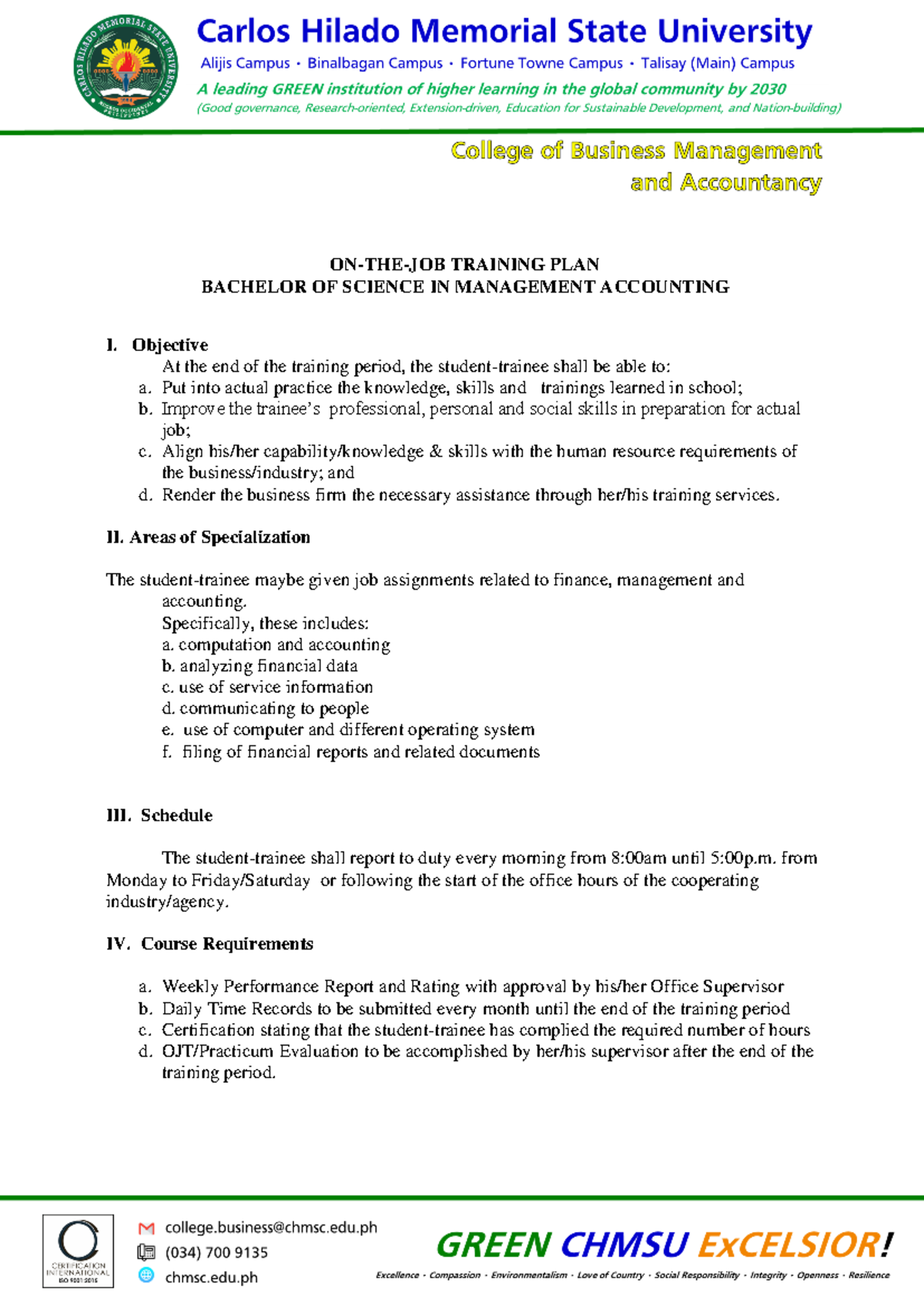 Training-program-bsma - ON-THE-JOB TRAINING PLAN BACHELOR OF SCIENCE IN ...