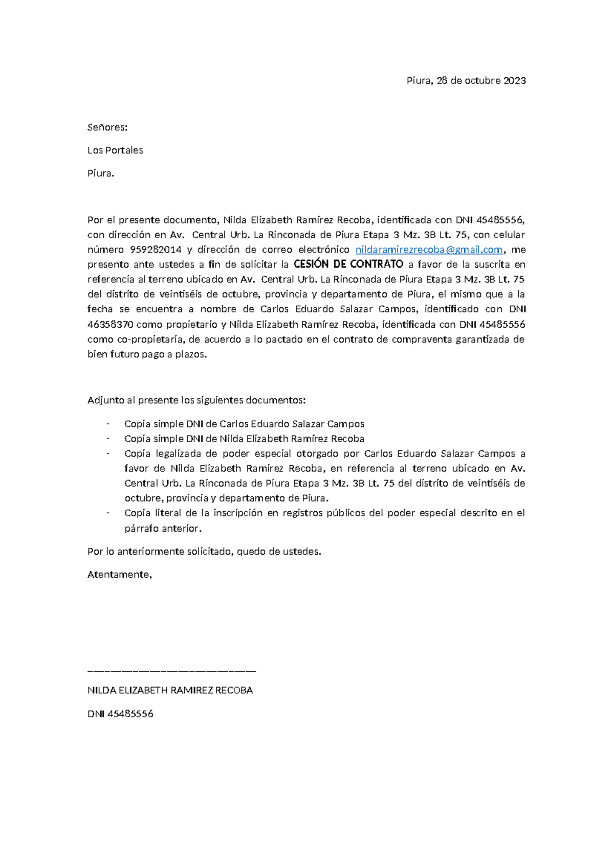 Piura - xxsss - Piura, 28 de octubre 2023 Señores: Los Portales Piura ...
